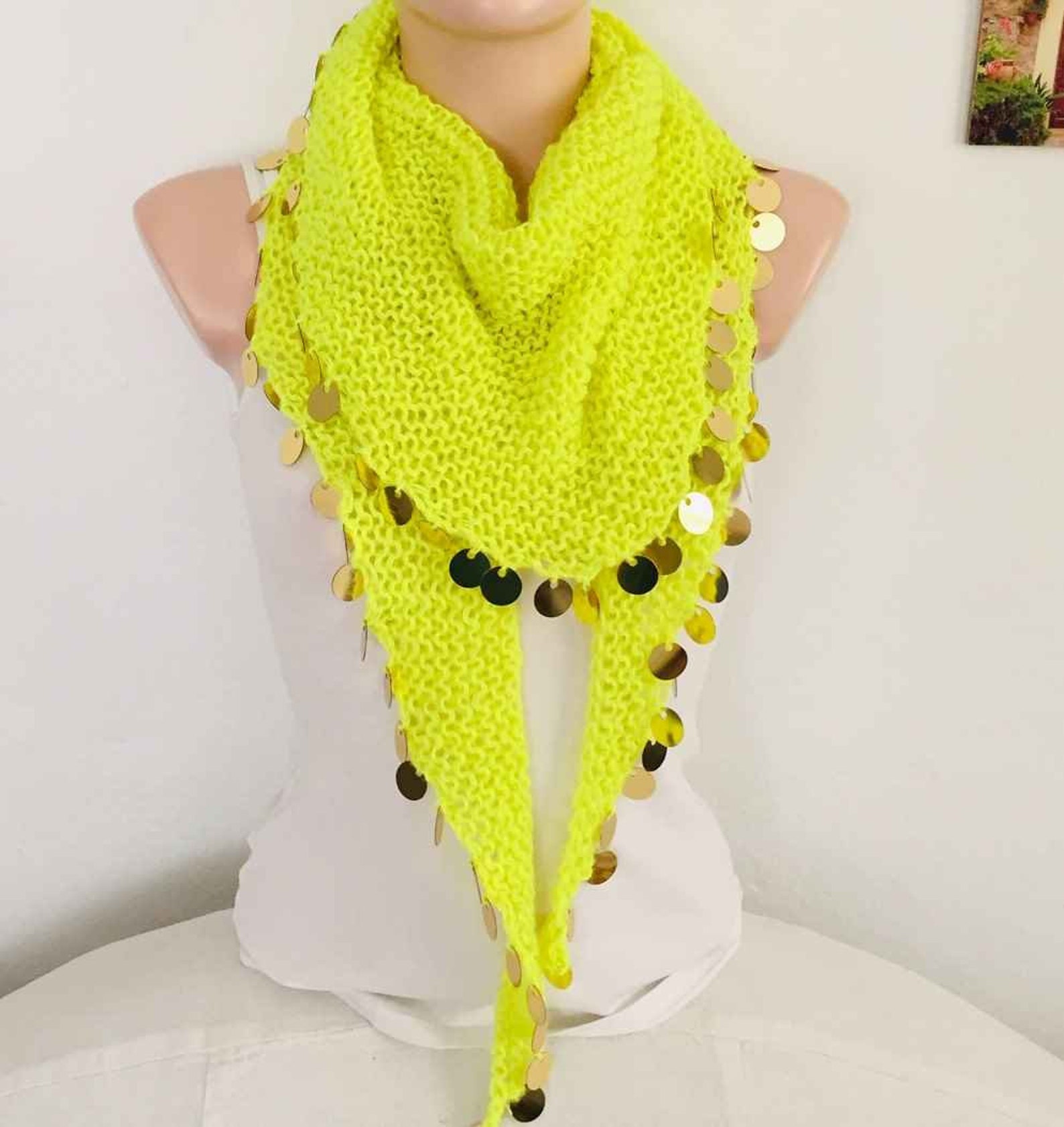 Neon Yellow Shawl Wrap Scarf Mother Gift Triangle Scarf - Etsy