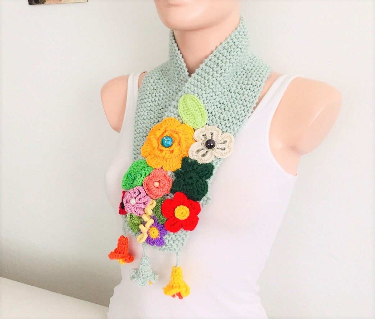 Flowers Knitting Wool Scarf Mint Green Colorful Floras - Etsy