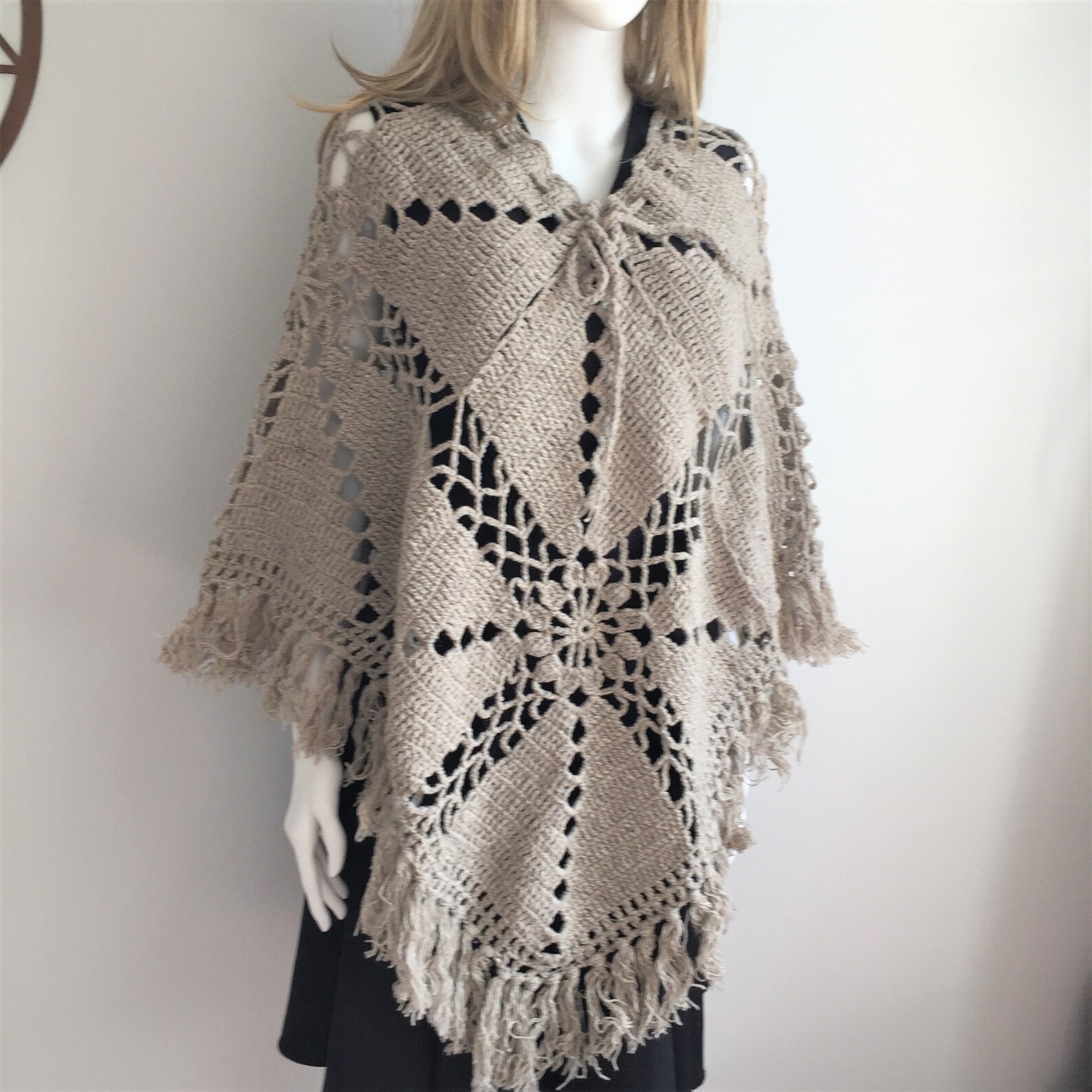 Beige Oversized Spring Poncho, Crocheted Oat Cream Shawl, Handmade ...