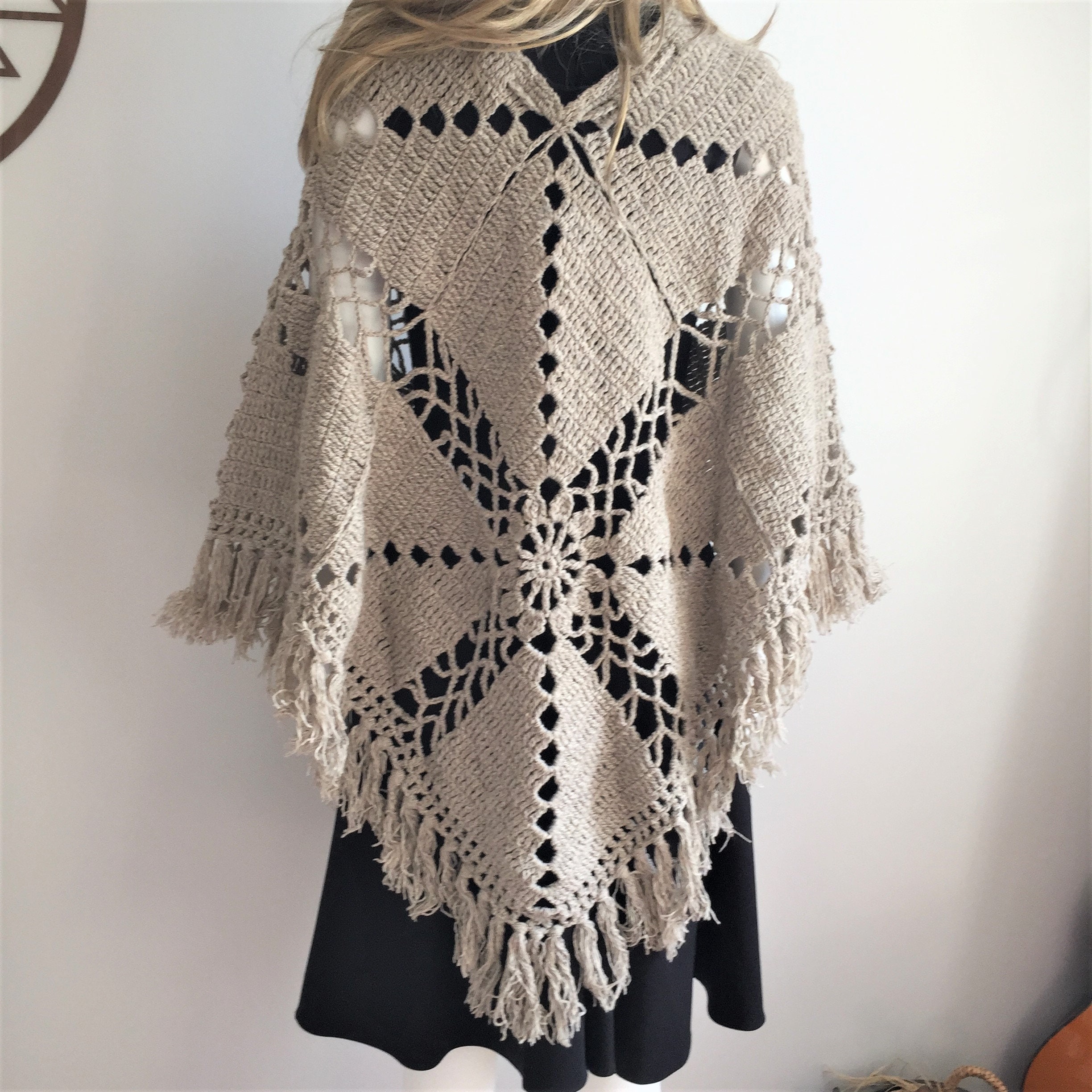 Beige Oversized Spring Poncho, Crocheted Oat Cream Shawl, Handmade ...