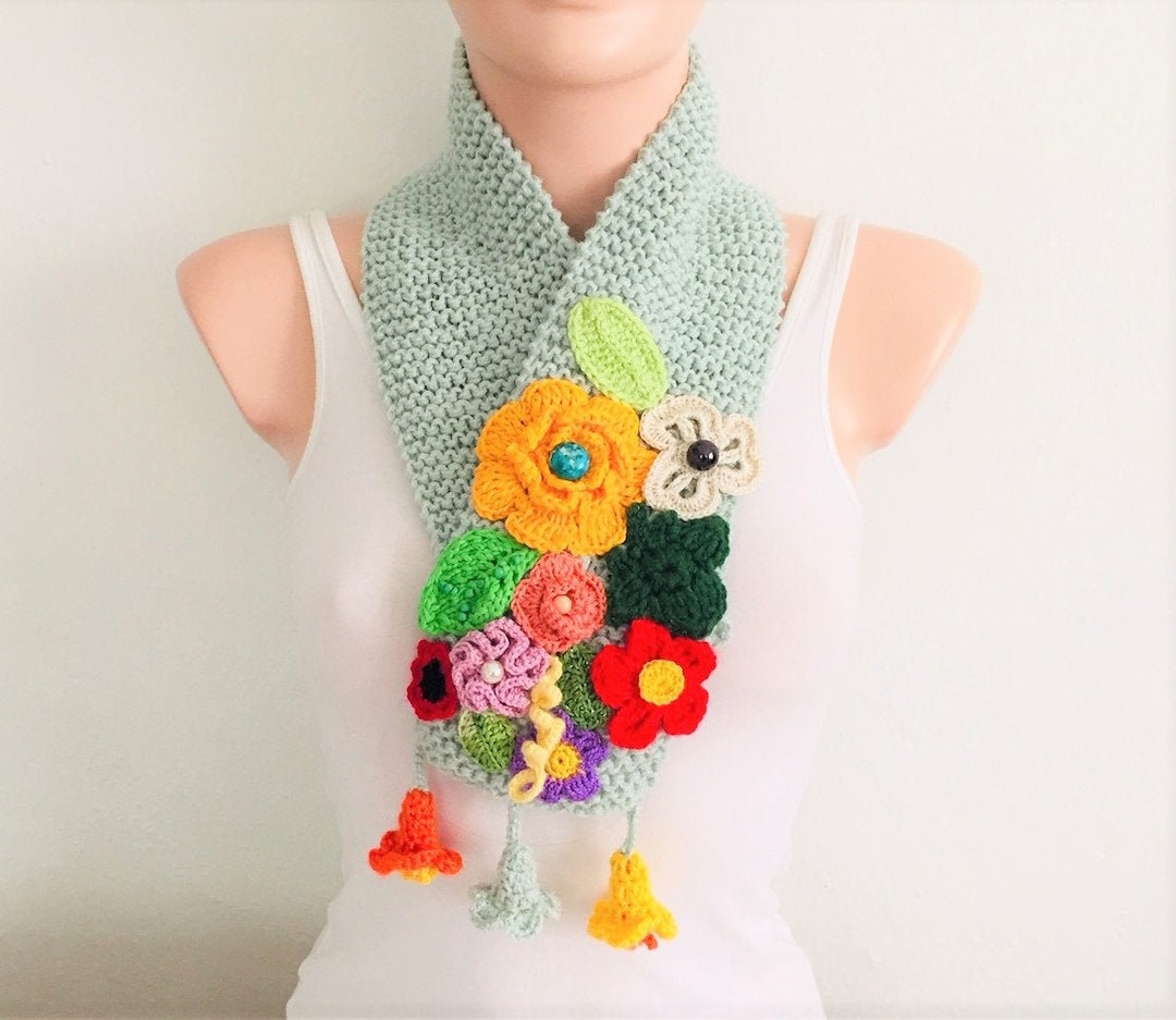 Flowers Knitting Wool Scarf- Mint Green, Colorful Floras Neckwarmer ...