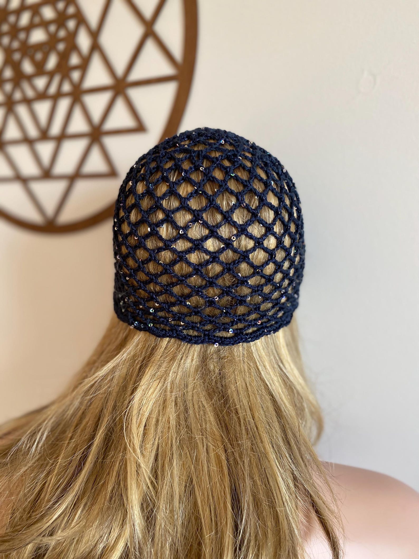 Crochet Navy Blue Mesh Hat, Netted Beanie, Handmade Skull Cap With ...