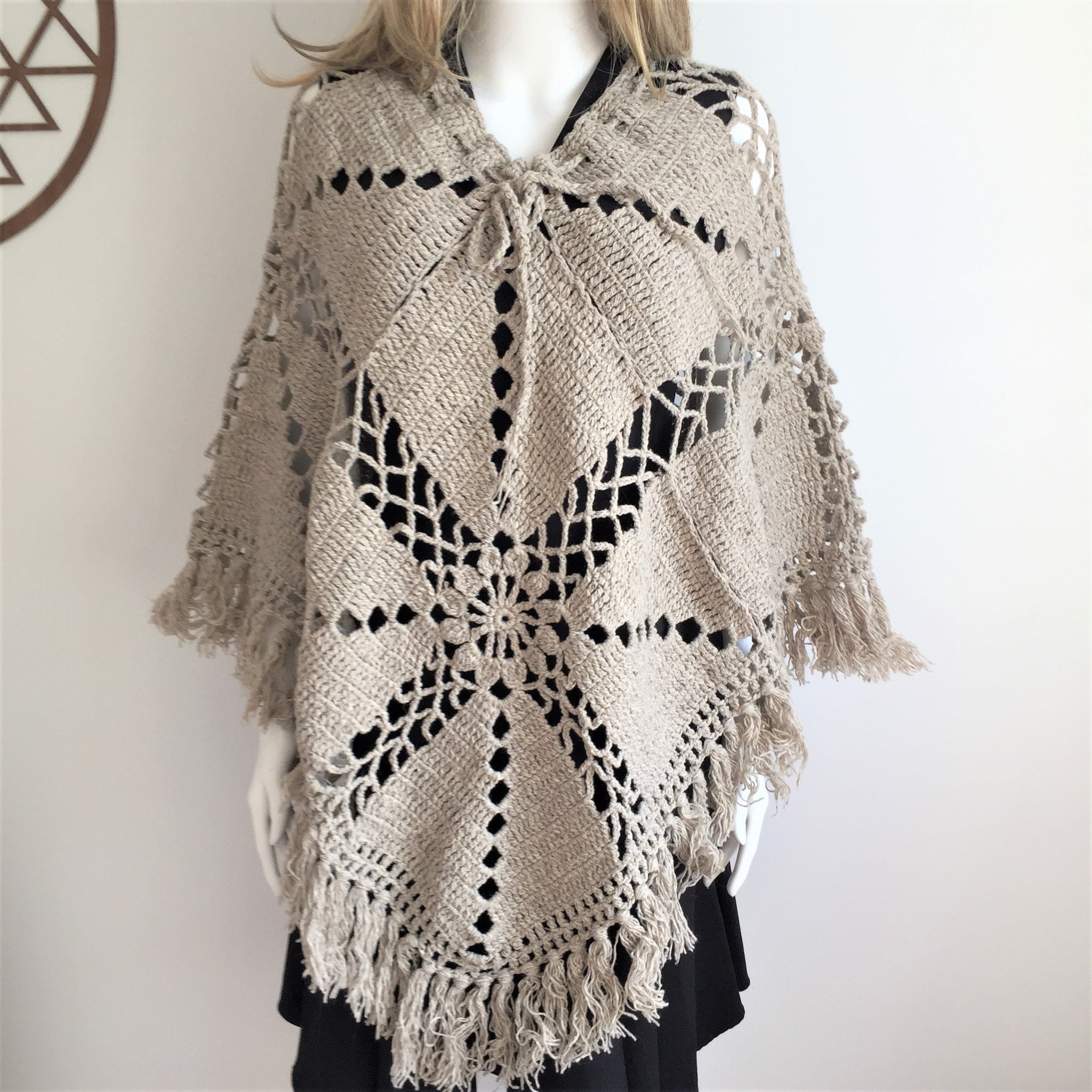 Beige Oversized Spring Poncho, Crocheted Oat Cream Shawl, Handmade ...