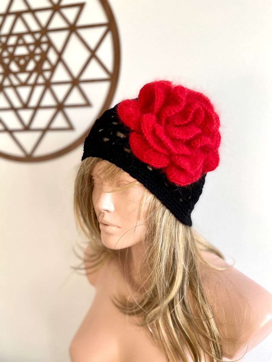 Carmen Red Big Rose Crochet Hat, Black and Red Color Hat, Granny Square ...
