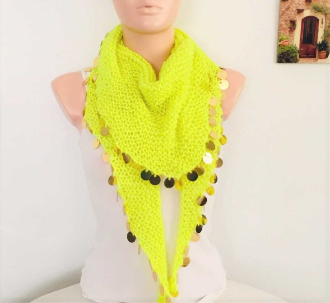 Neon Yellow Shawl, Wrap Scarf, Mother Gift, Triangle Scarf With Acrylic ...