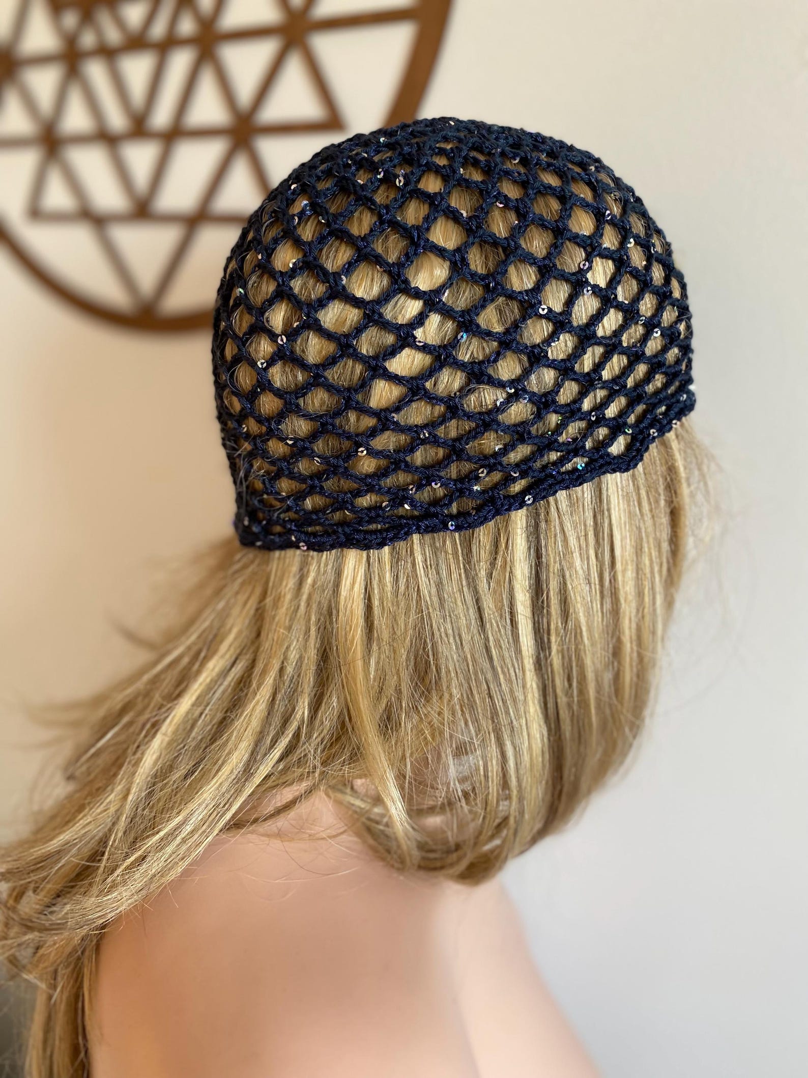 Crochet Navy Blue Mesh Hat, Netted Beanie, Handmade Skull Cap With ...