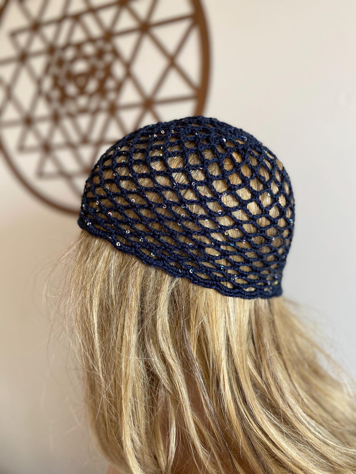 Crochet Navy Blue Mesh Hat, Netted Beanie, Handmade Skull Cap With ...
