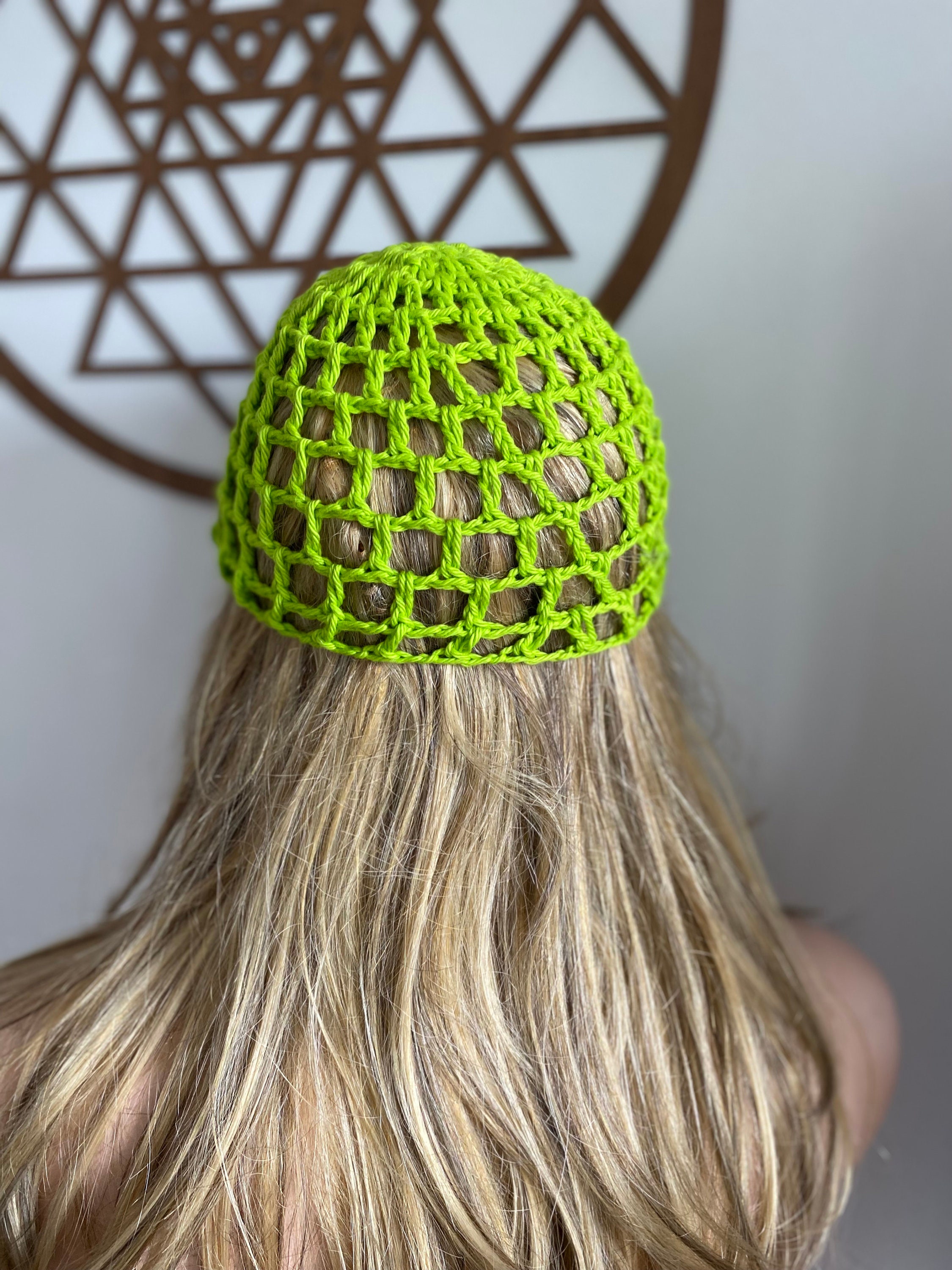 Green Crochet Cotton Mesh Hat, All Color Skull Cap, Netted Mesh Beanie ...