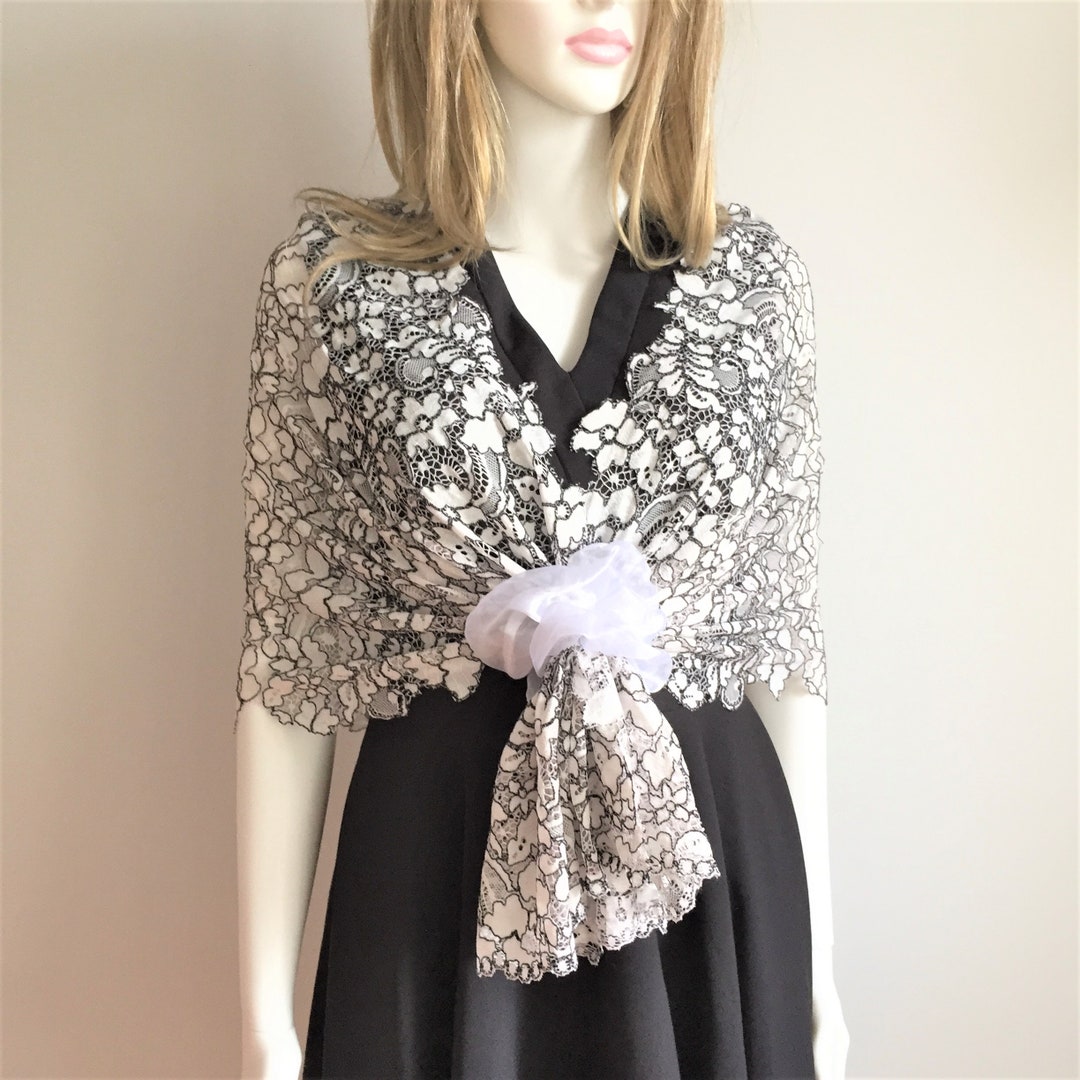 Off White Tulle Bridal Shawl: Black Flower Wedding Stole - Etsy