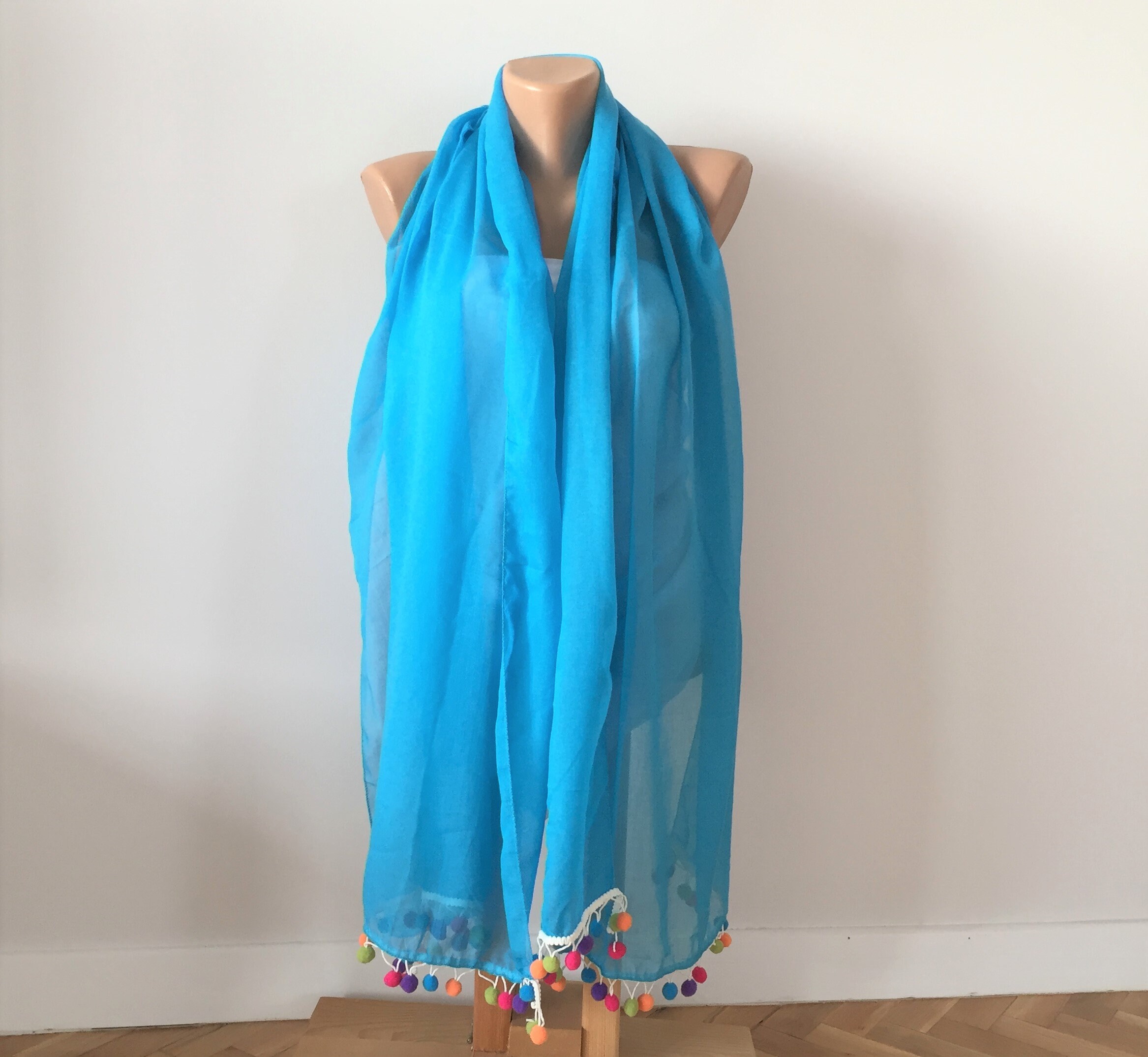 Rainbow Pompom Blue Scarf, Sea Blue Cotton Spring Scarf, Lighweight ...