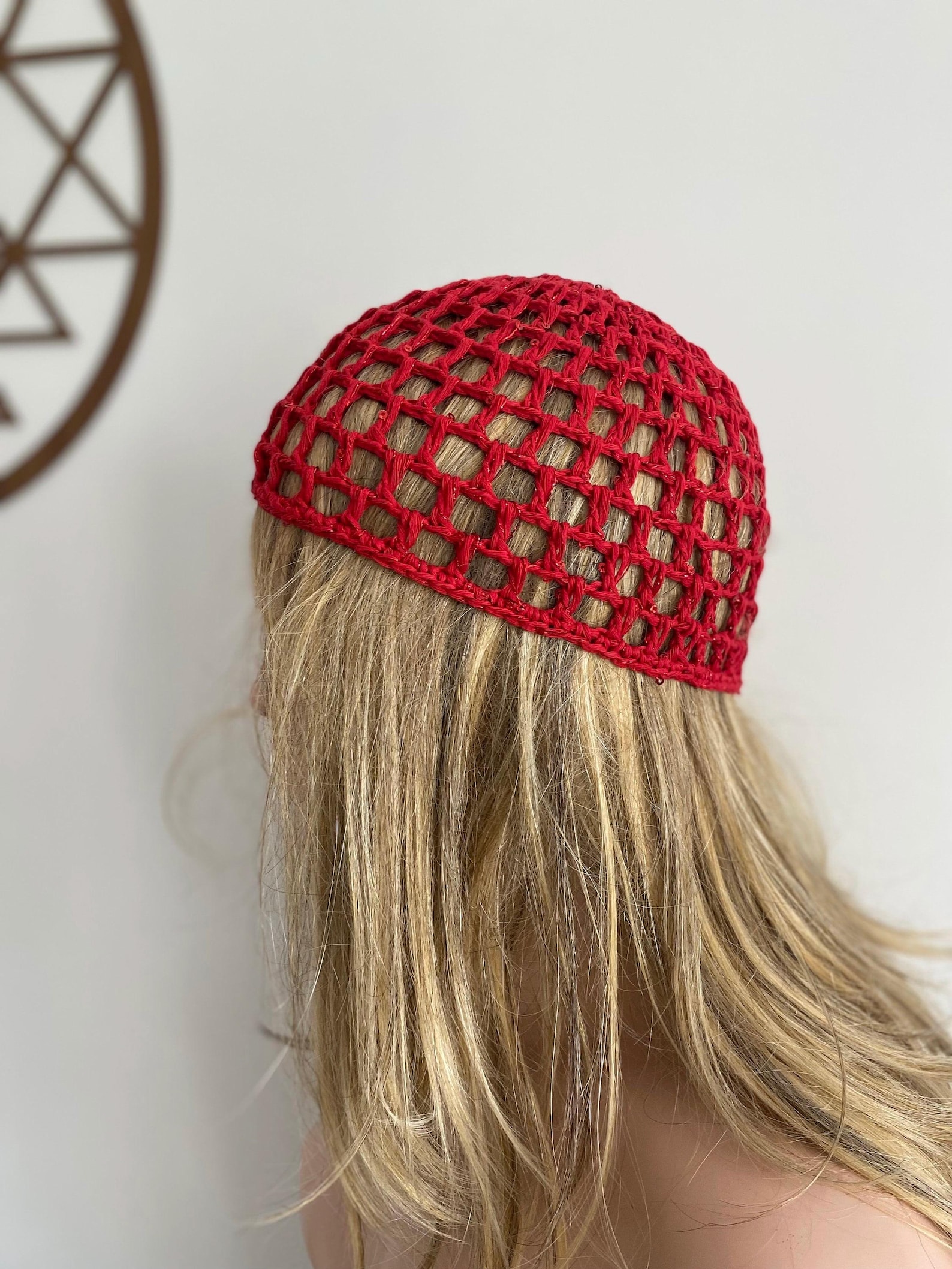Red Crochet Coton Mesh Hat, All Color Skull Cap, Netted Mesh Beanie ...