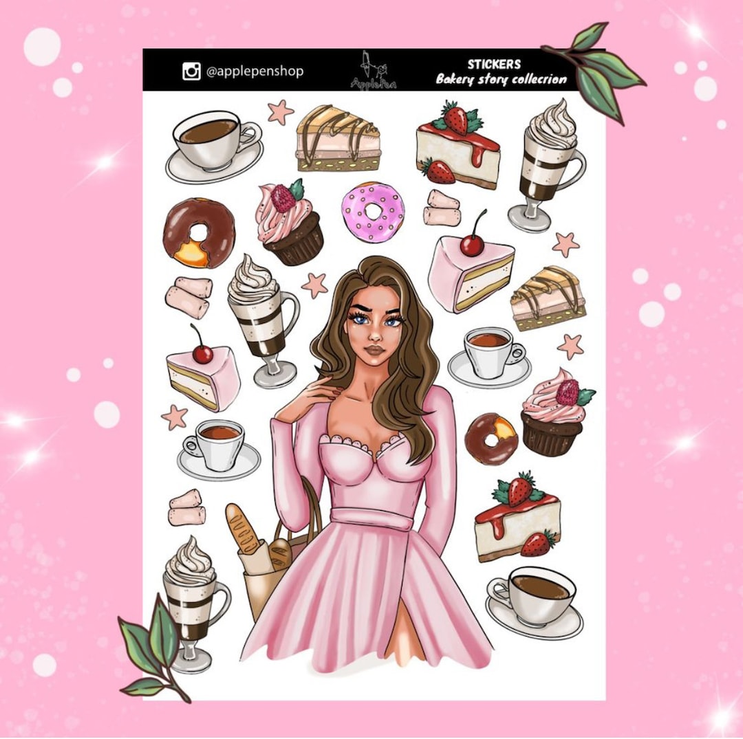 Sticker Set With Romantic Girl in Dress With Dessert Journal Stickers ...
