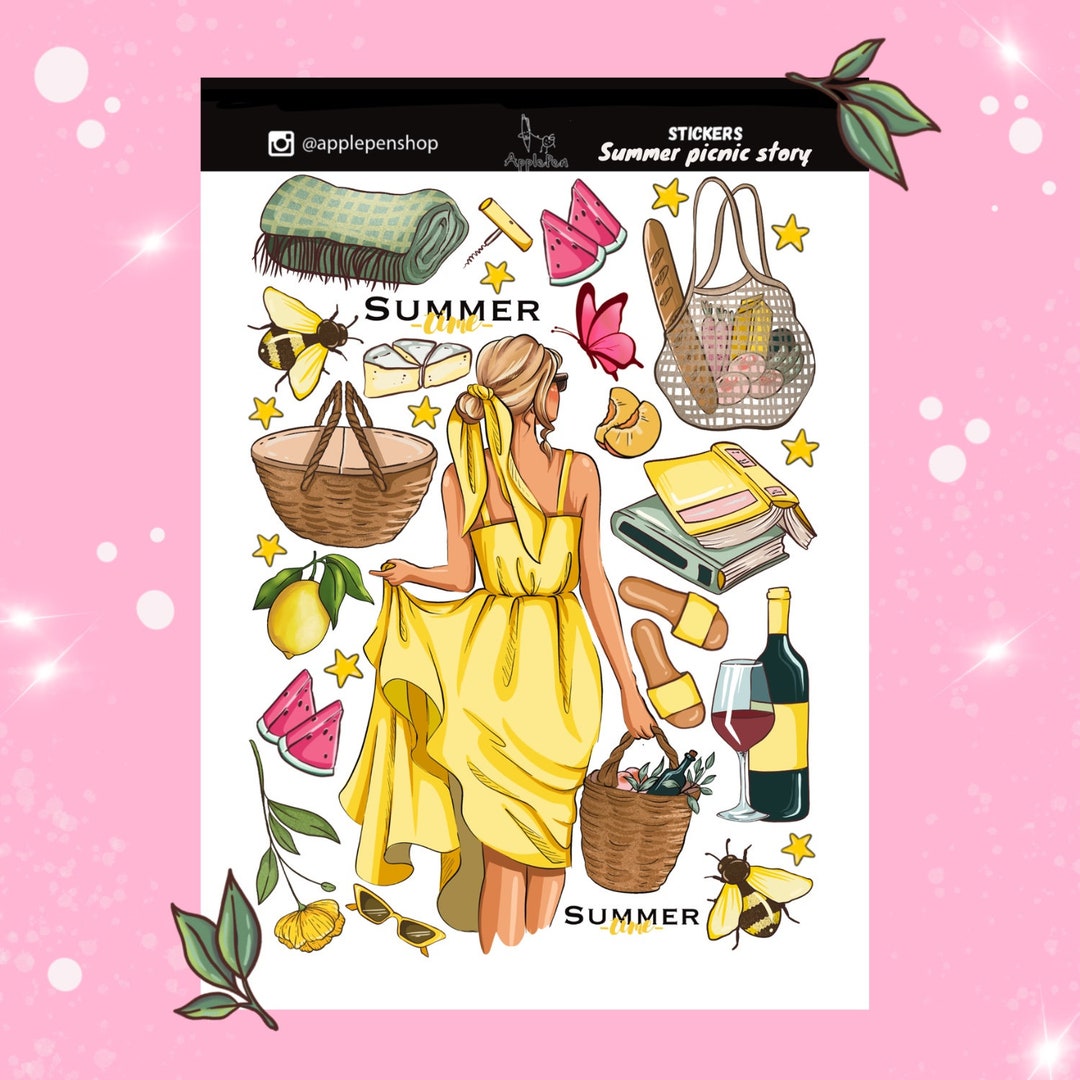 Sticker Sheet Summer Picnic Collection. Stickers With Summer Girl ...