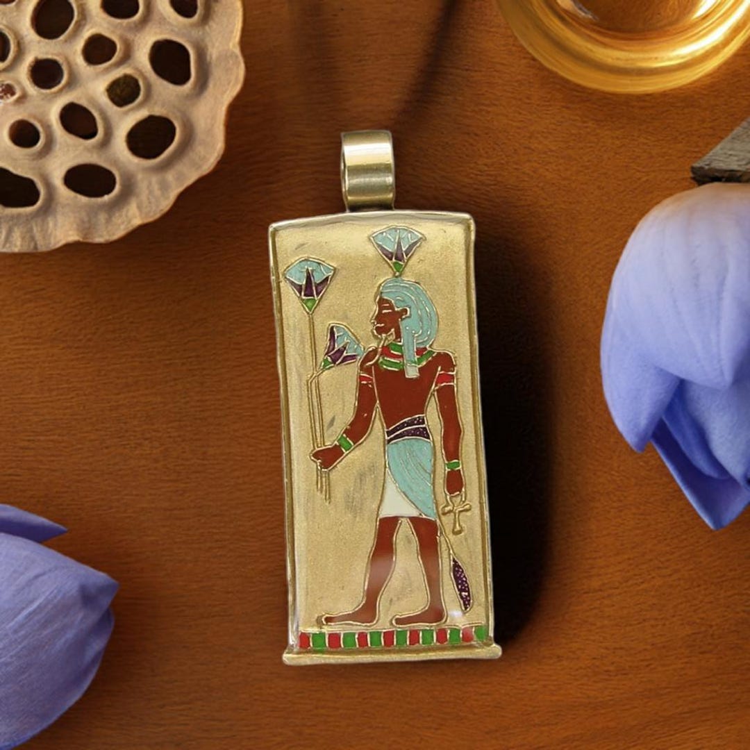Hand-painted Nefertem Pendant: Egyptian Blue Lotus God, Gold Bronze - Etsy