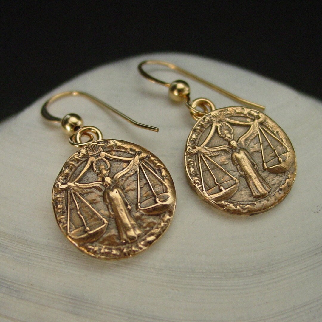 Libra Earrings: Handcrafted Zodiac Antiqued Dainty Coin - Birthday Gift September 23 to October ...
