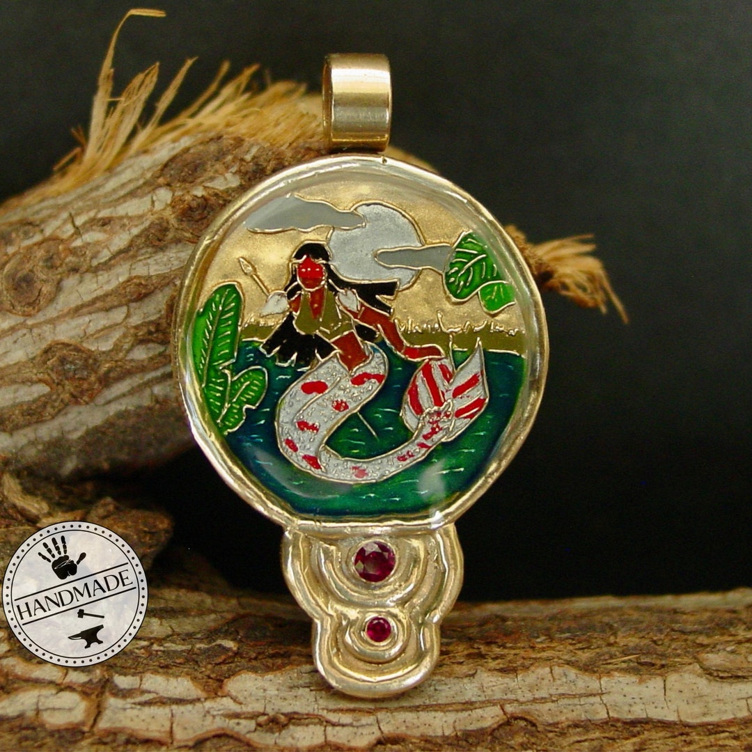 Iara Brazilian Amazonian Mermaid Pendant Necklace With Garnets - Hand ...