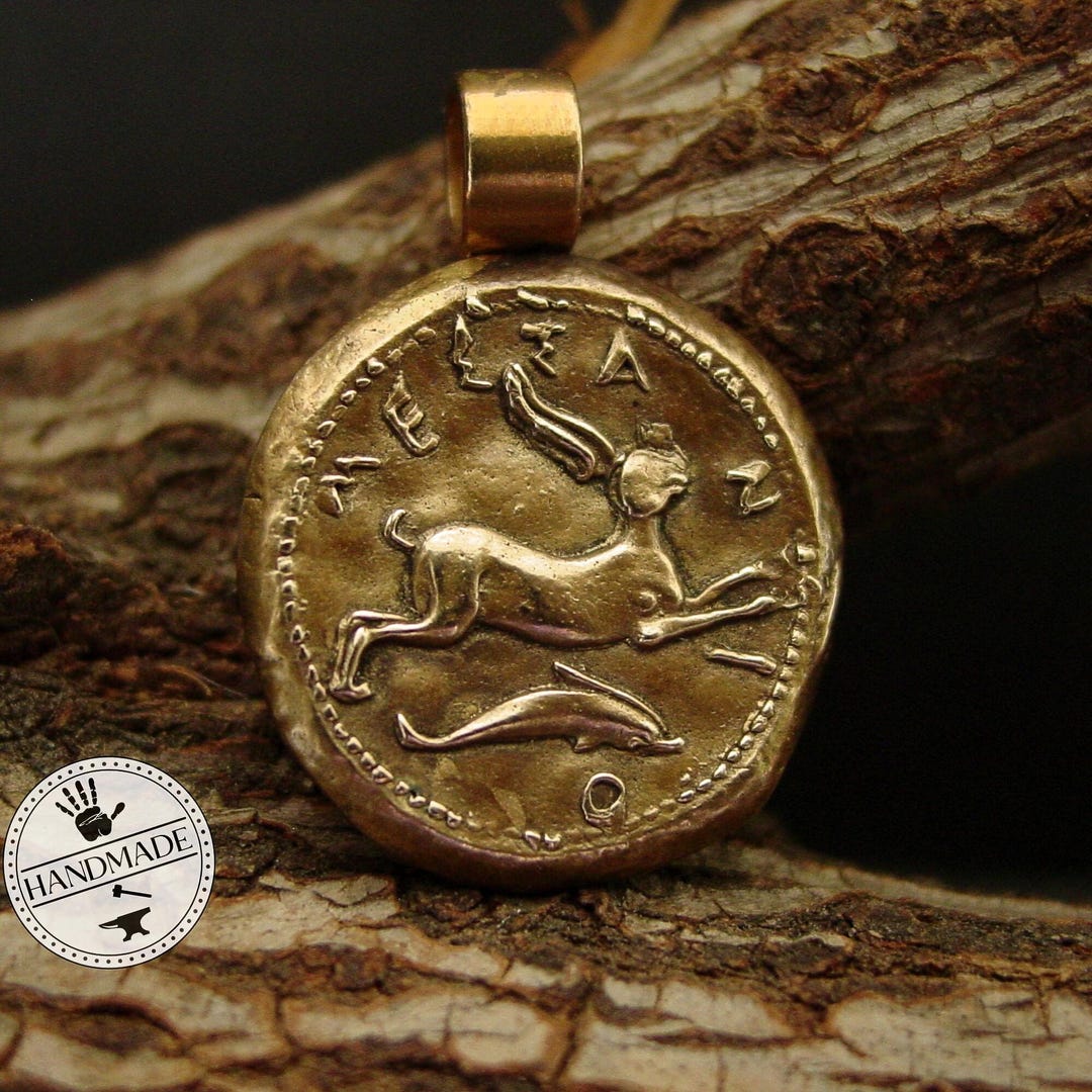 Antiqued Hare and Dolphin Ancient Coin Pendant: Handcrafted Rabbit ...