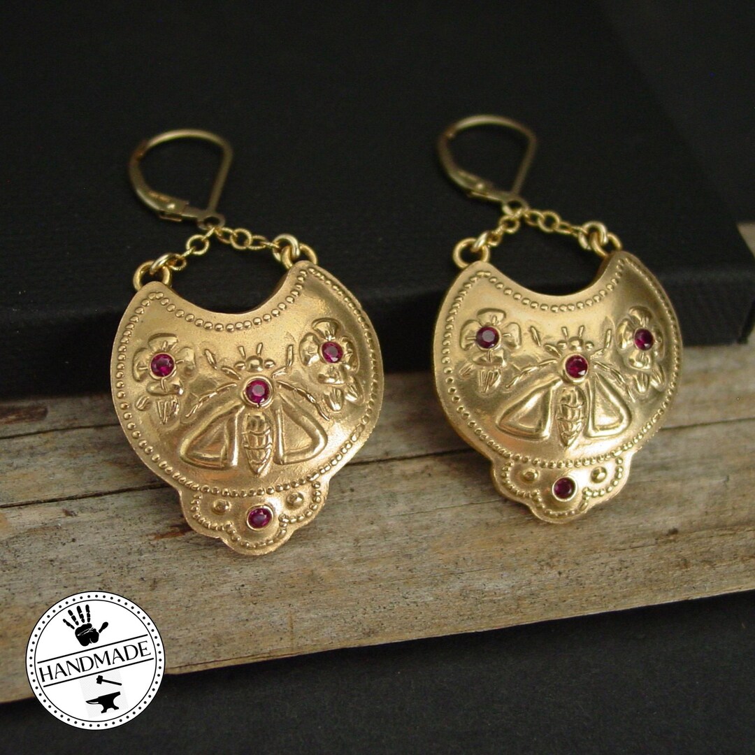 Byzantine Flowers and Bee Earrings - Hand Carved Moon Shaped With Red ...