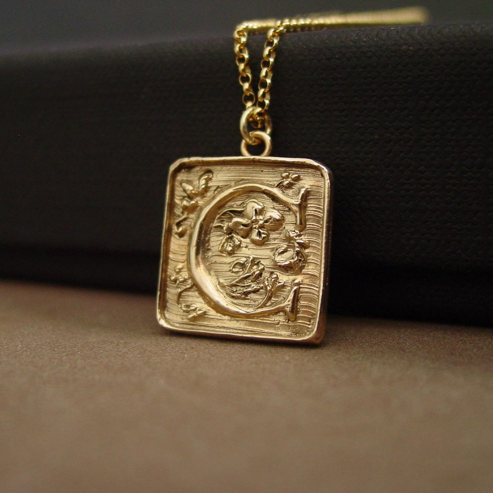 Hand-carved Gothic Letter “C” Initial Necklace – Gold, Bronze or Silver ...