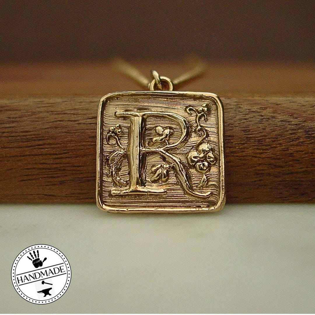 Hand-carved Gothic Letter “R” Initial Necklace – Gold, Bronze or Silver ...