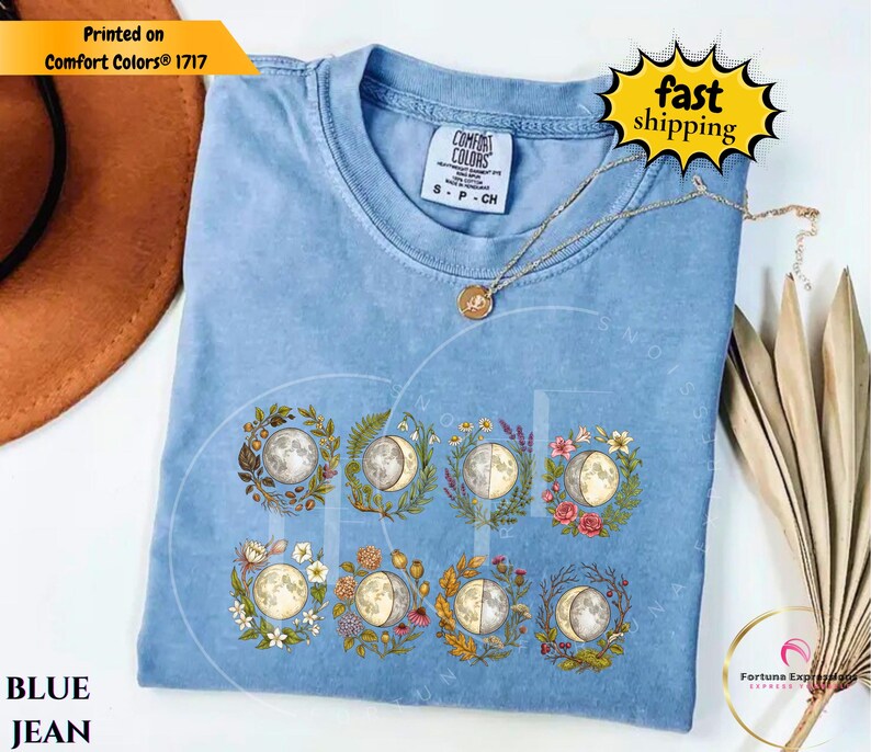 Moon Phase Shirt Celestial, Floral Botanical Witch Tee, Cottagecore ...