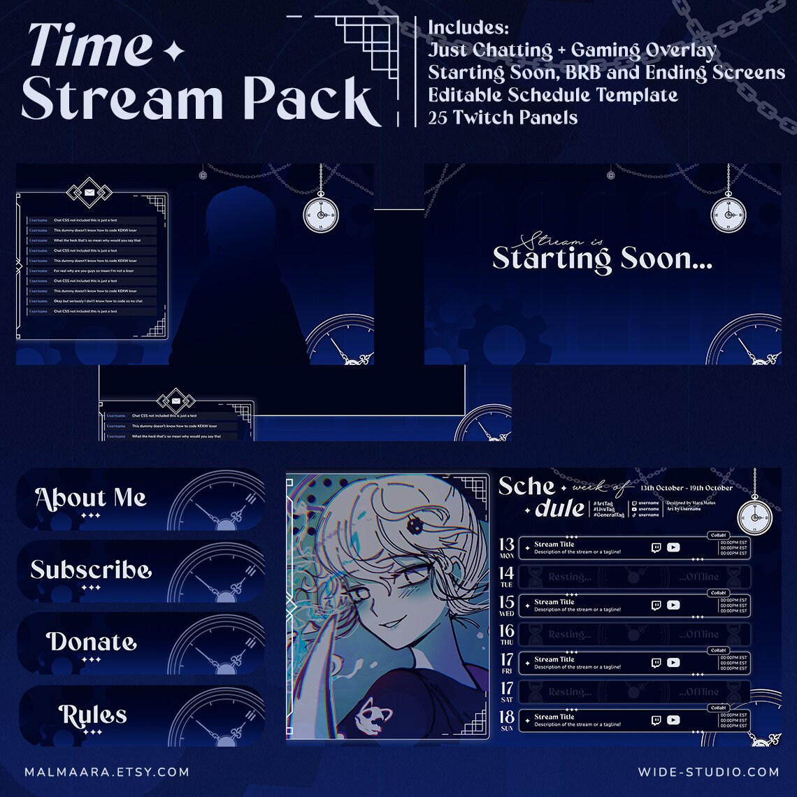 Blue Elegant Time Themed STATIC Stream Package Gaming Chatting Overlays ...