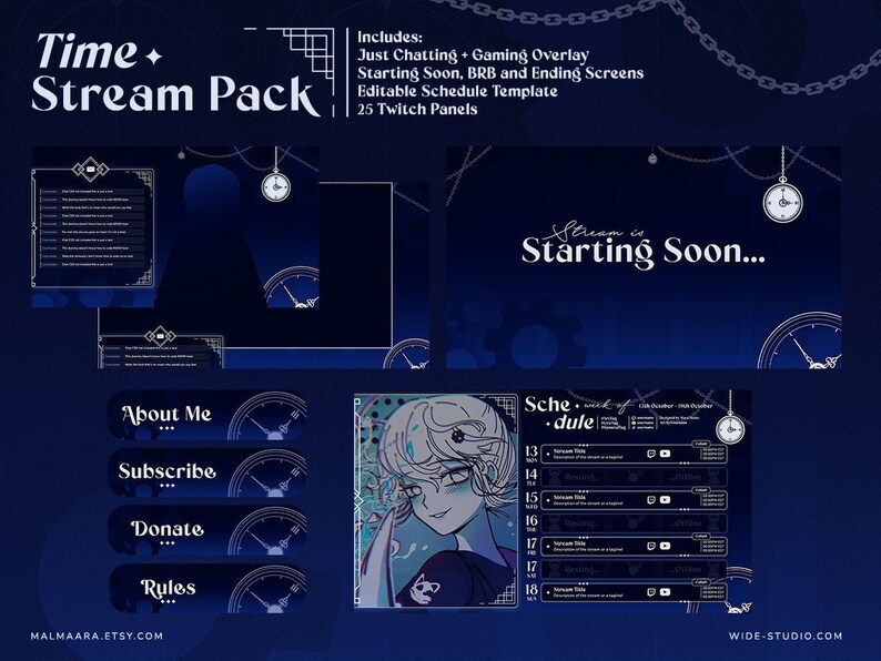 Blue Elegant Time Themed STATIC Stream Package Gaming Chatting Overlays ...