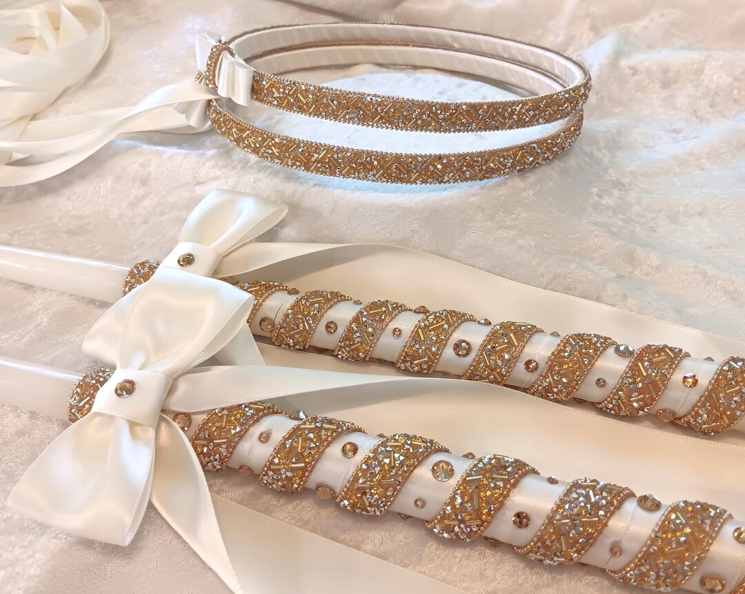Greek Stefana Set, Gold Stefana Crowns and Candles, Orthodox Wedding ...