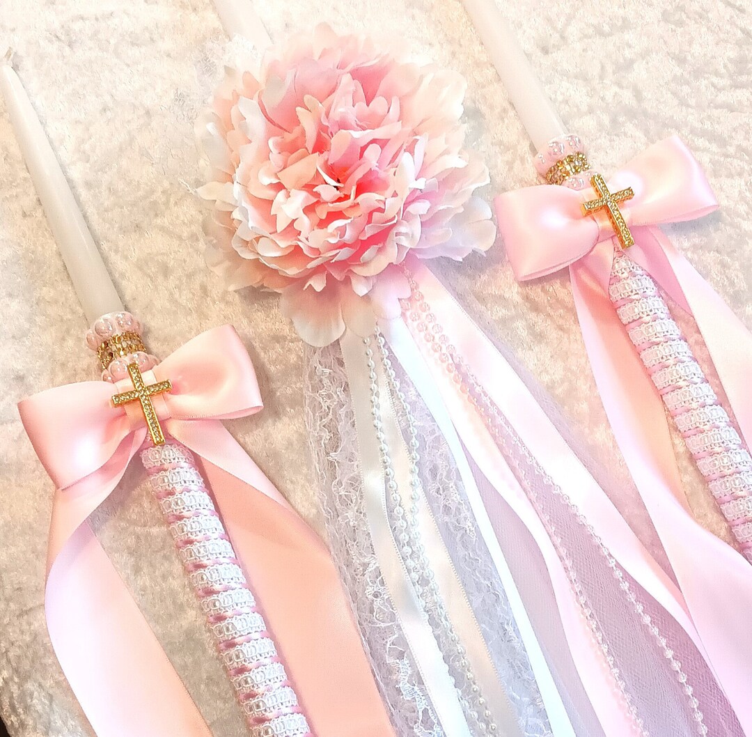 Pink Baptism Candle Set, Greek Lambathes With Tulle, Lambada, Greek ...