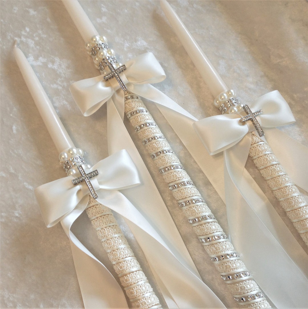 Baptism Candle Set, Ivory Greek Lambathes, Cross Candles, Greek ...