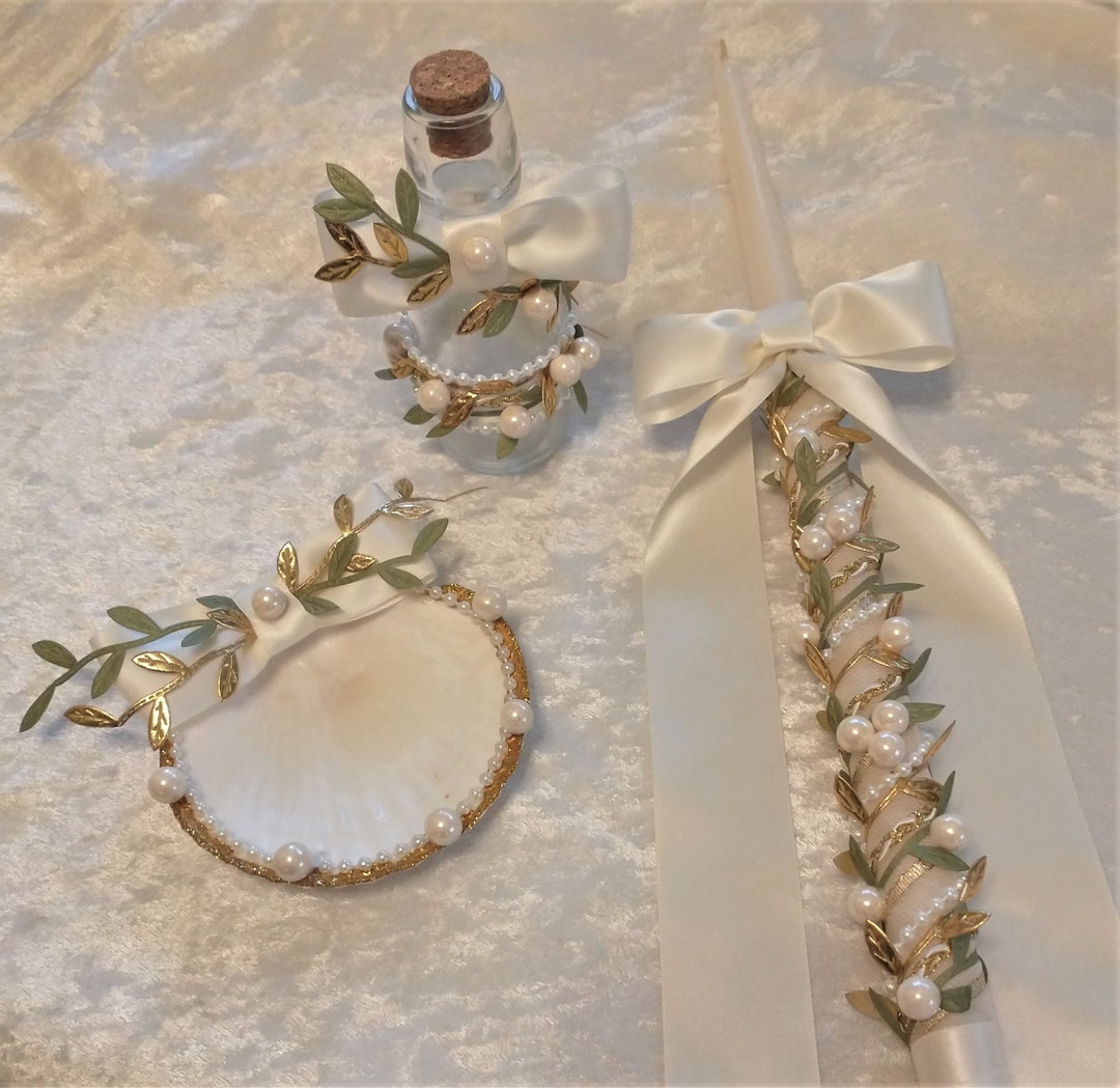 Greek Baptism Set, Baptism Candle Orthodox, Oil Bottle and Shell, Olive ...