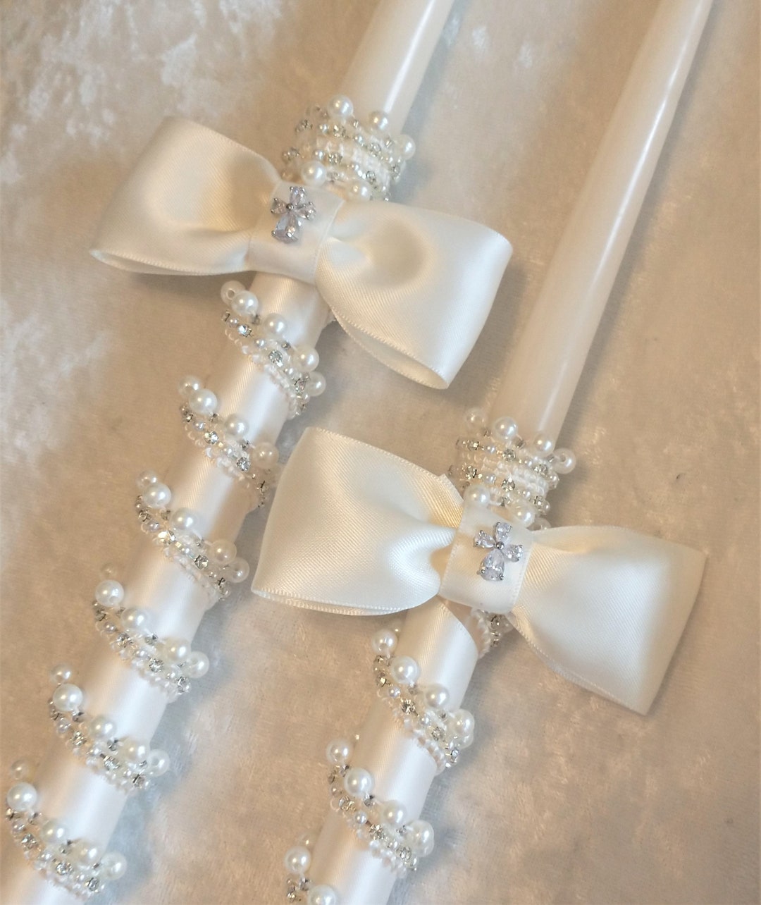 Baptism Candle Set, Greek Lambathes, Rhinestone Cross Candles, Pearl ...