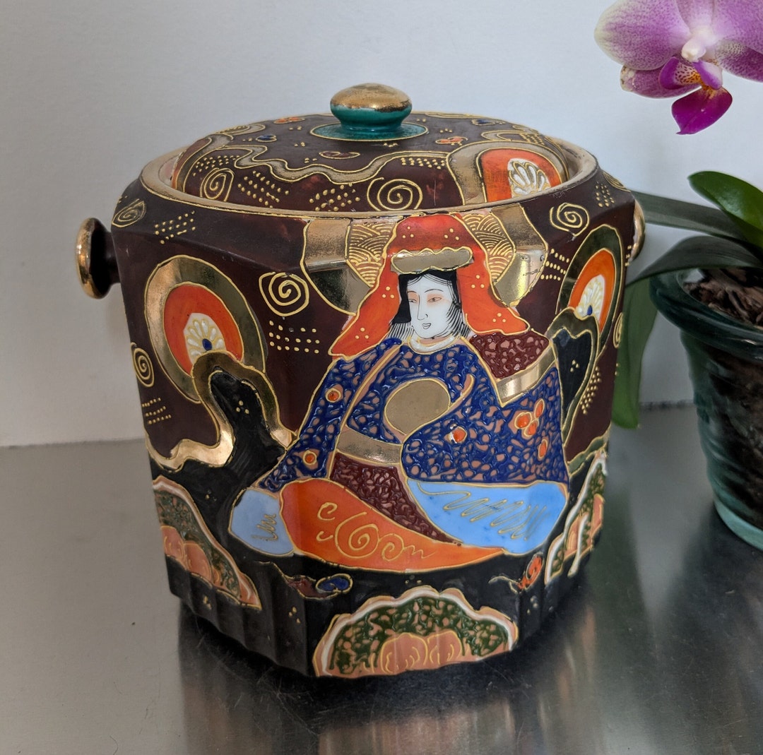 Vintage Hand Painted Japanese in Satsuma Moriage Style Porcelain Bucket ...