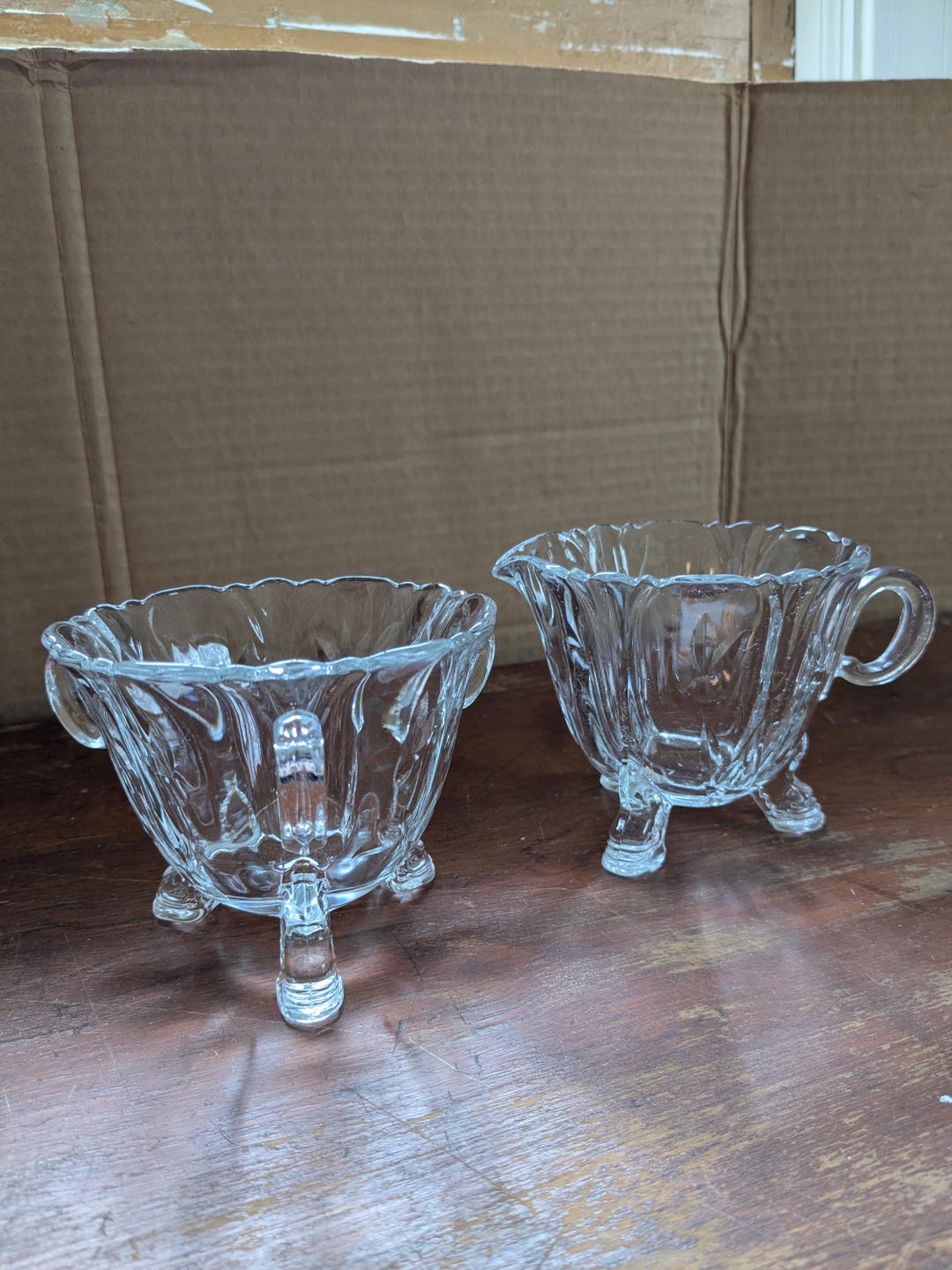 Vintage Heisey Queen Anne Glass Sugar and Creamer Set, Dolphin Footed ...