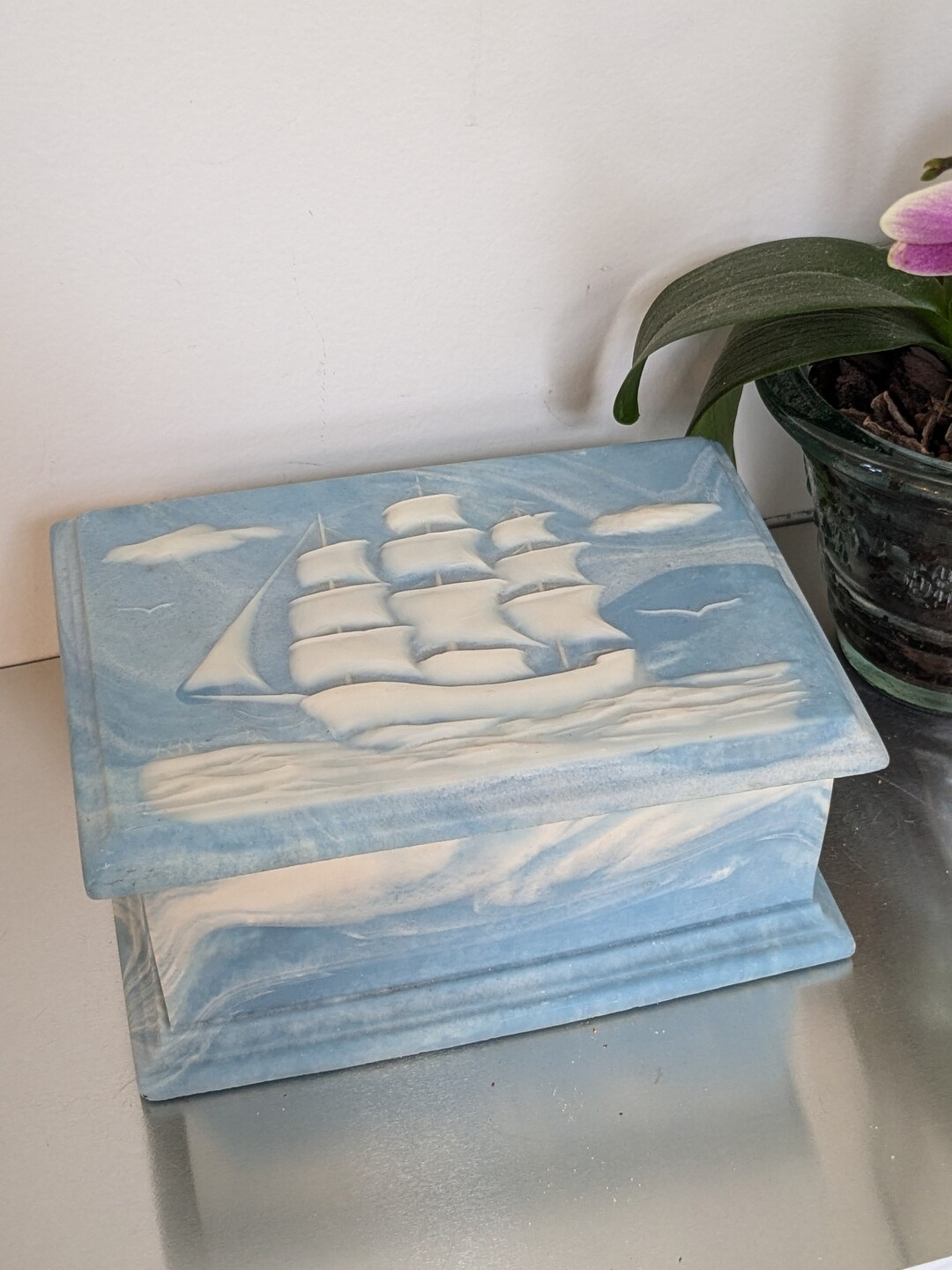 Incolay Box With Sailing Ship Motif on Soft Blue and White Box - Etsy