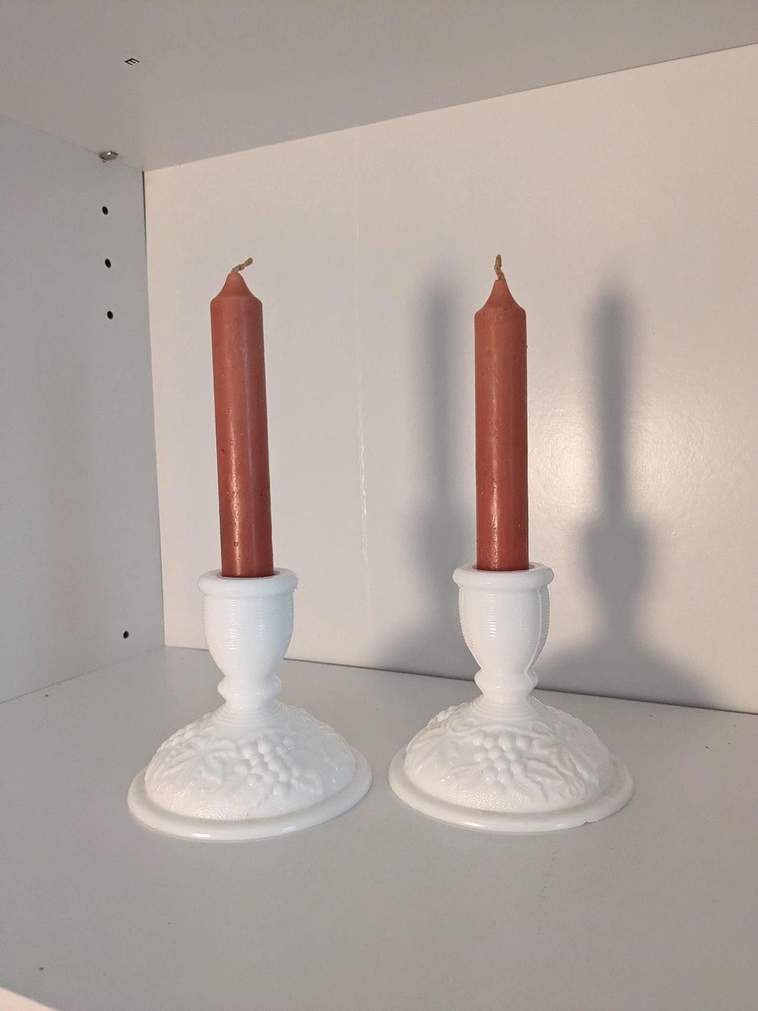 Pair White Milk Glass Short Candlesticks Grape Pattern - Etsy