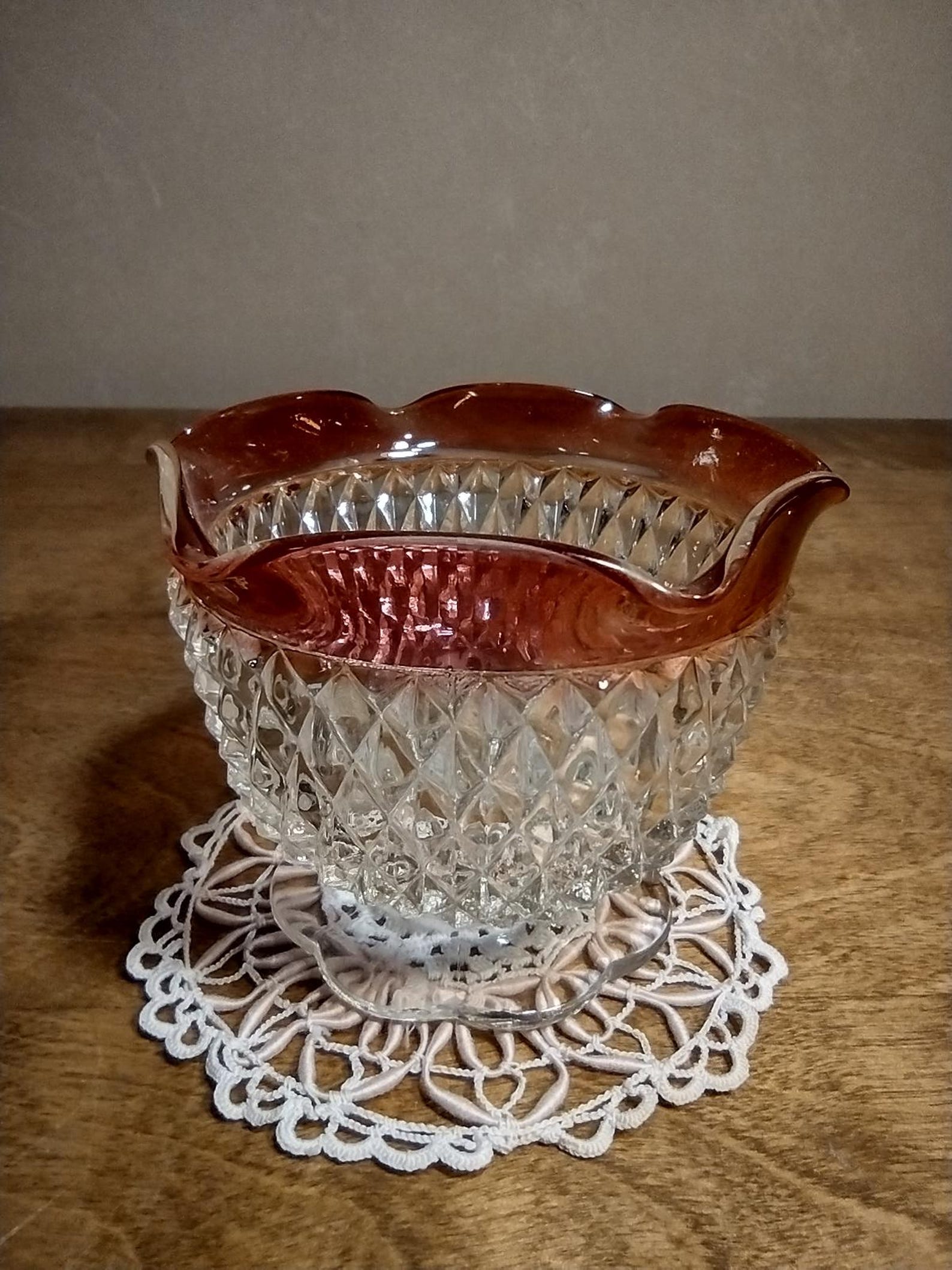 Indiana Glass Clear Diamond Point Pattern Glass With Ruffled Cranberry ...
