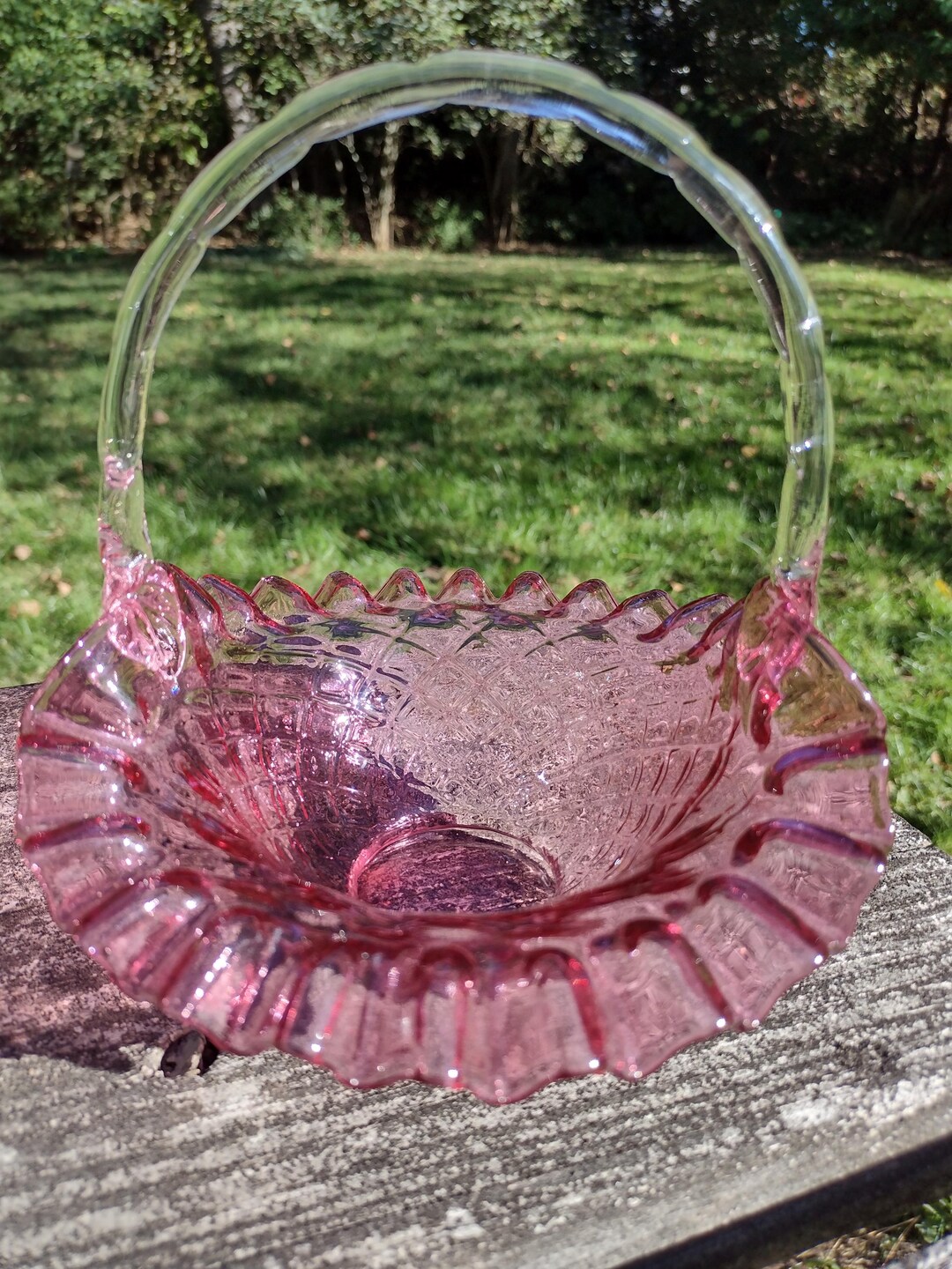 Fenton Strawberry Basket Weave Ruffled Basket With Clear Crimped ...