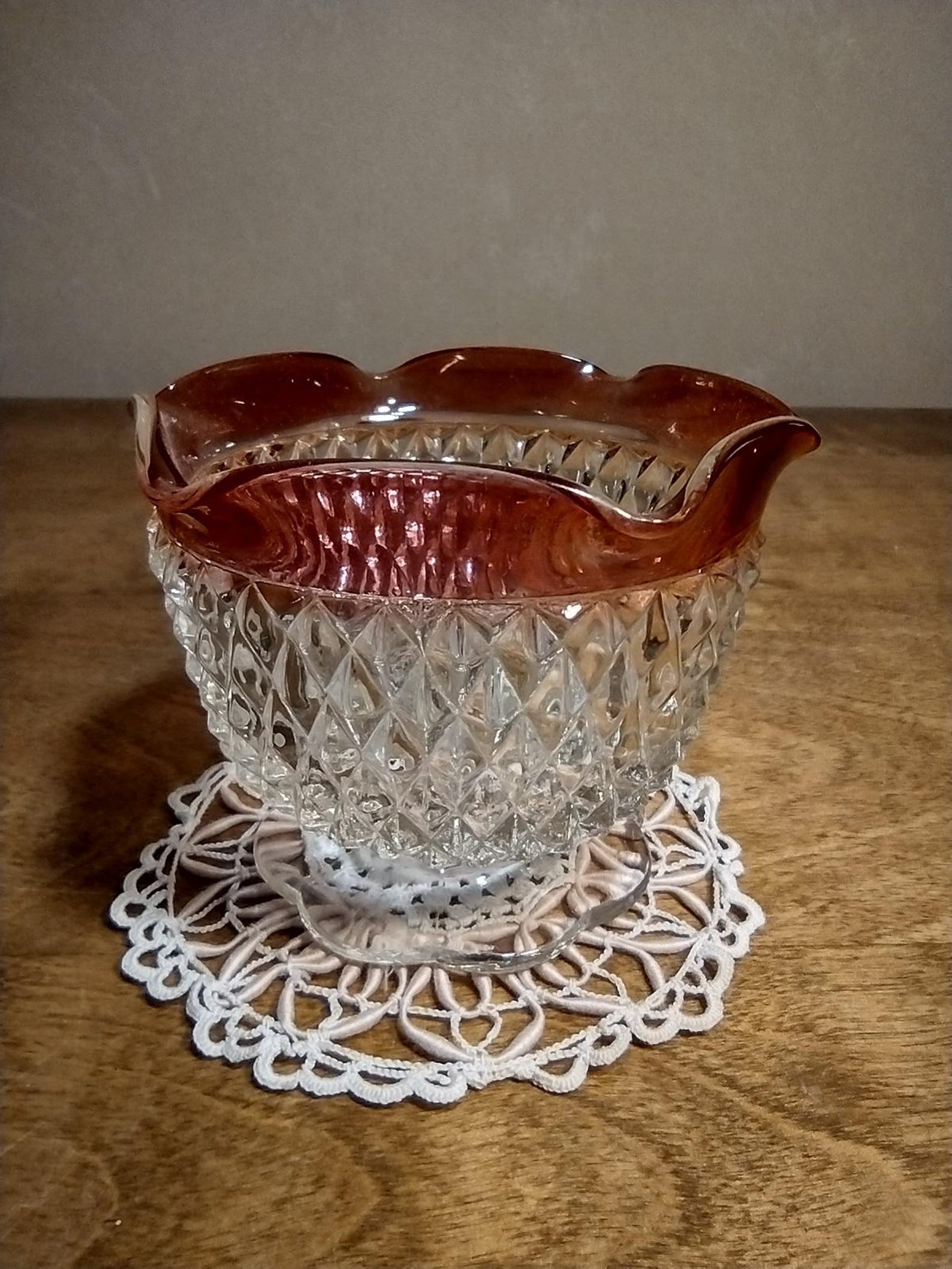 Indiana Glass Clear Diamond Point Pattern Glass With Ruffled Cranberry ...