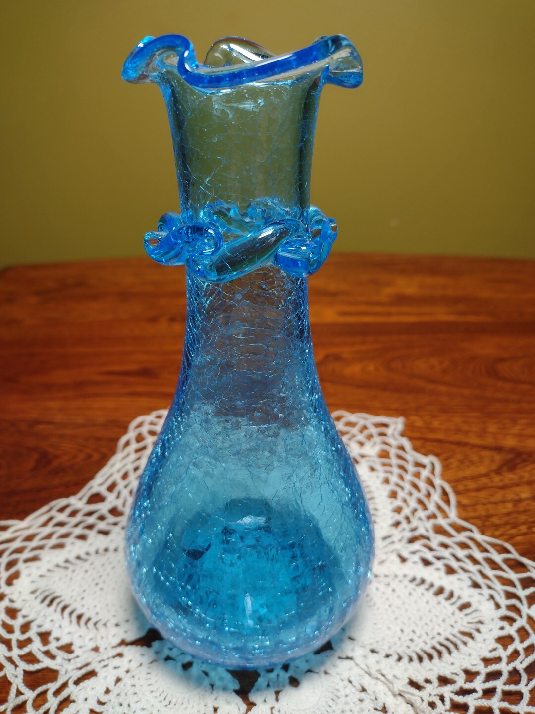 Vintage PILGRIM Blue CRACKLE GLASS Hand Blown Vase With Applied Crimped ...