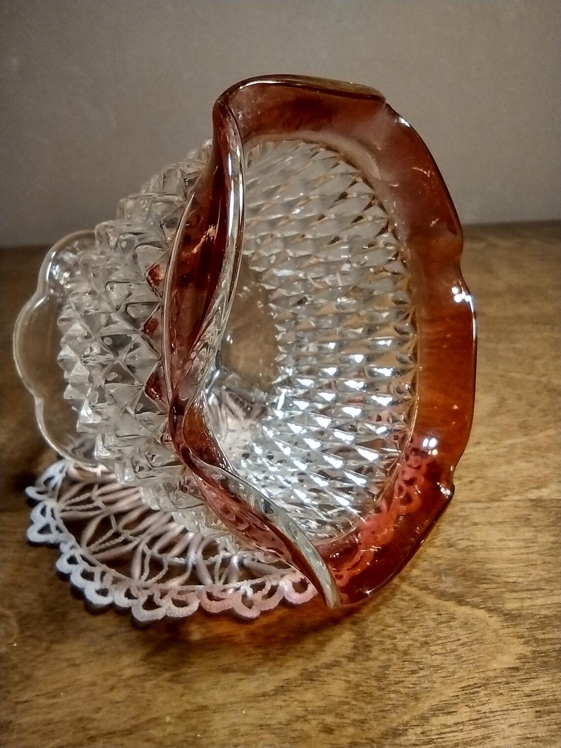 Indiana Glass Clear Diamond Point Pattern Glass With Ruffled Cranberry ...