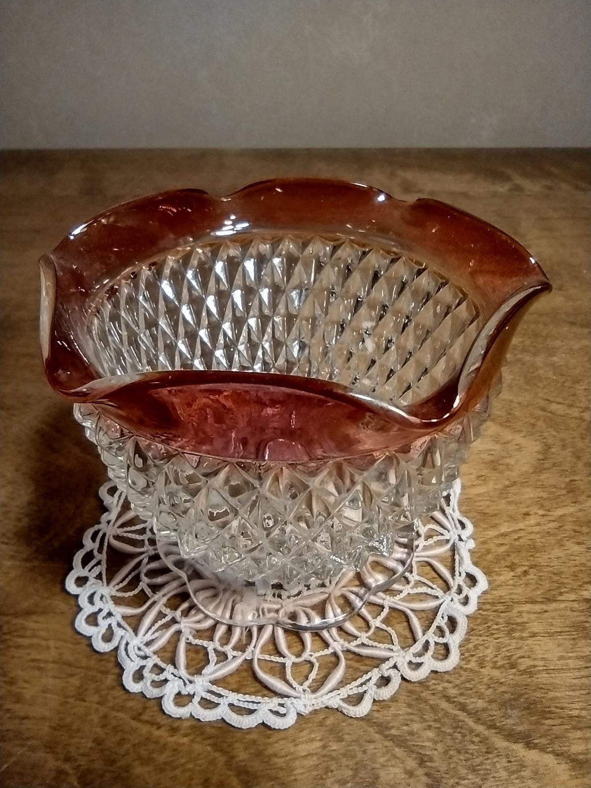 Indiana Glass Clear Diamond Point Pattern Glass With Ruffled Cranberry ...
