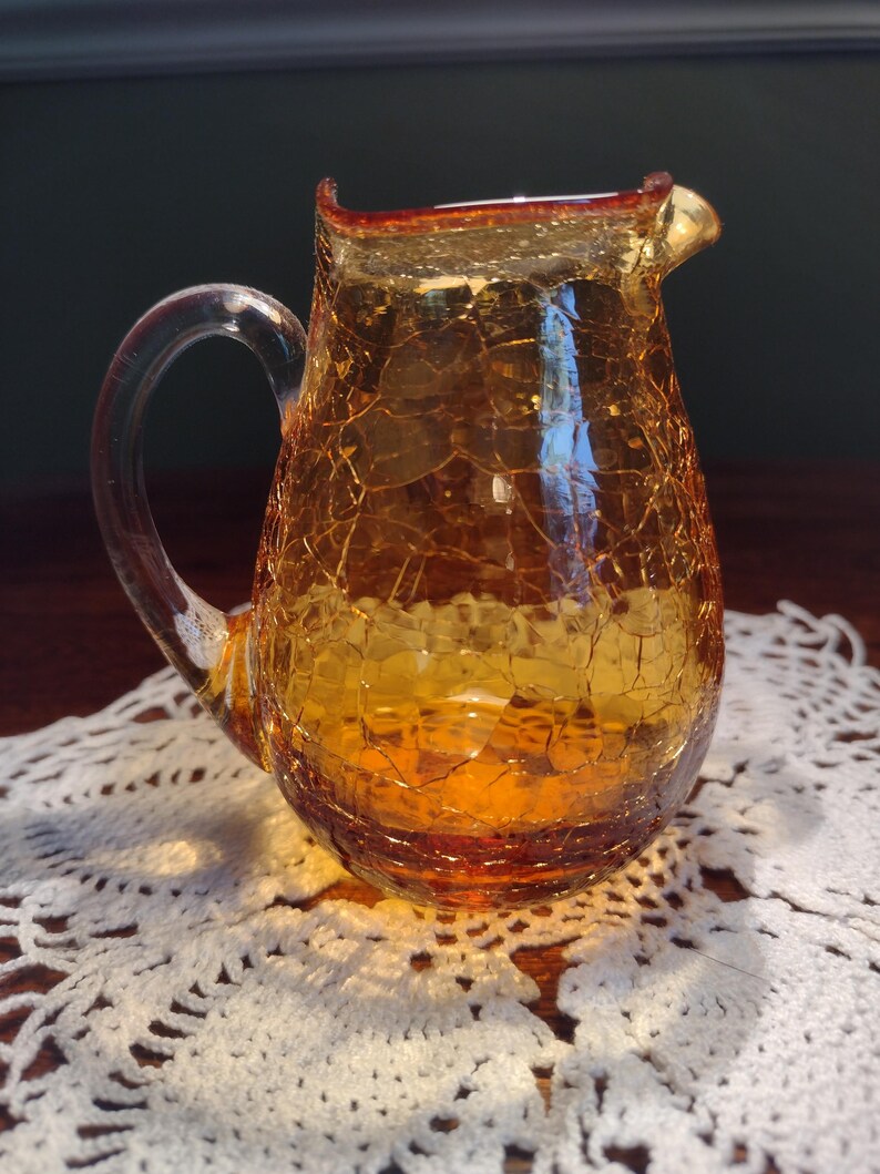 Collectable Pilgrim Yellow Crackle Glass Small Pitcher W/ Applied ...