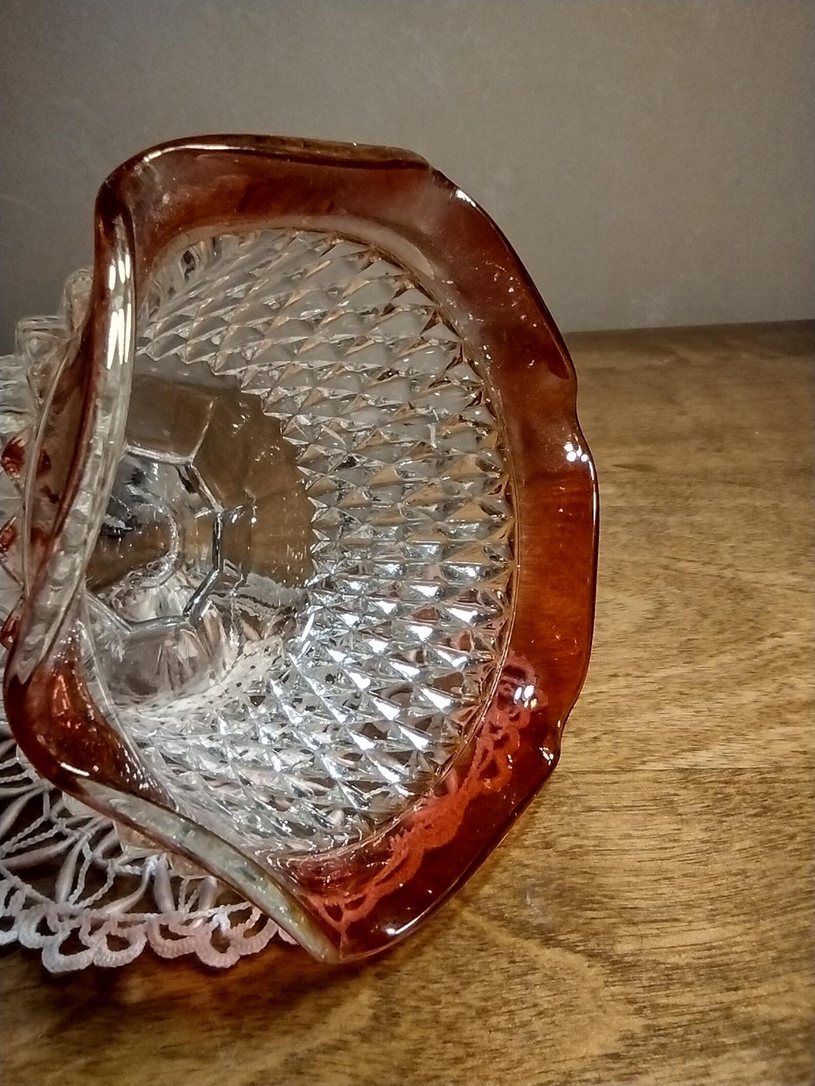 Indiana Glass Clear Diamond Point Pattern Glass With Ruffled Cranberry ...