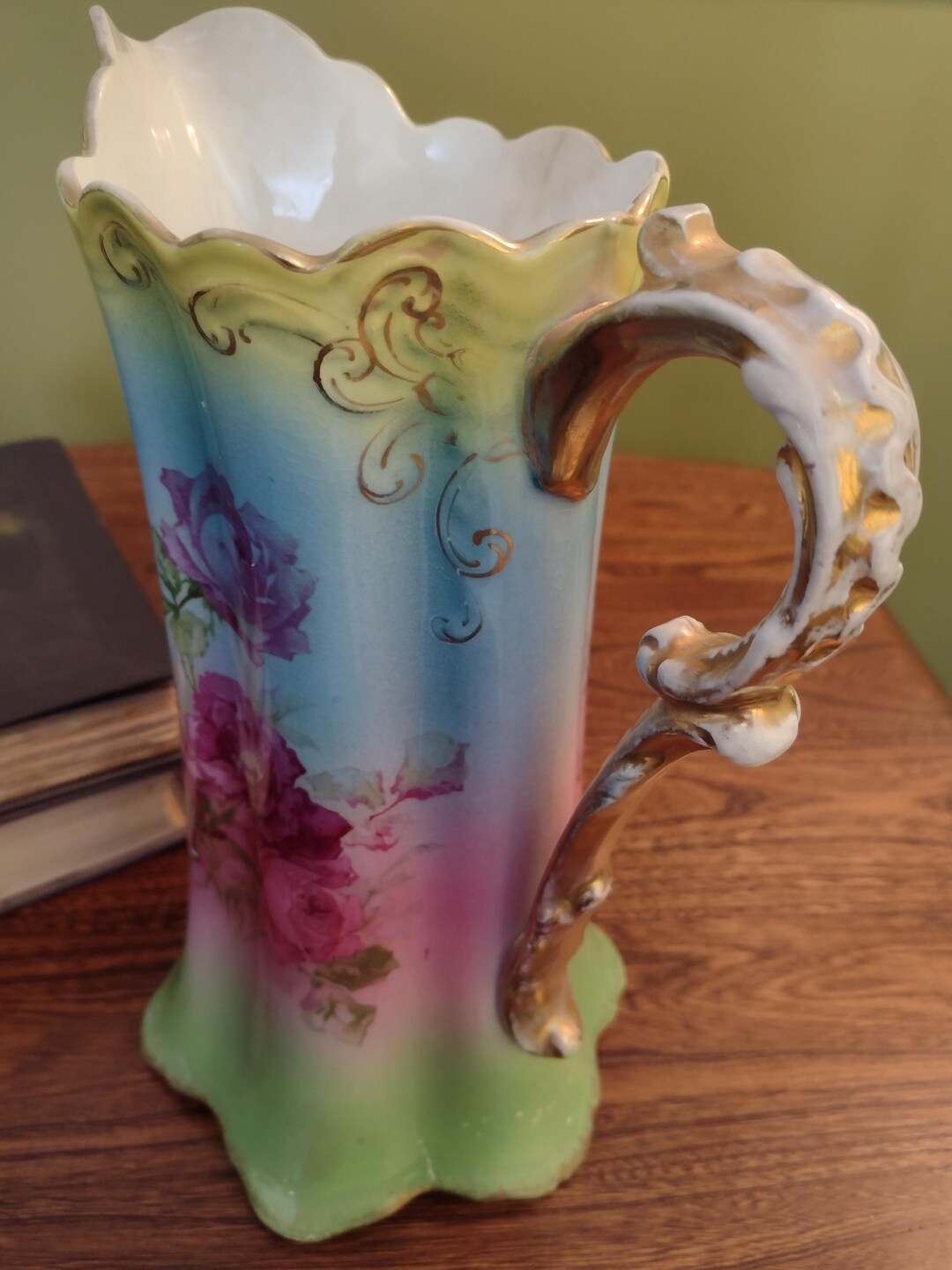Antique Bavarian Hand Painted Pink Roses Gold Encrusted Pitch Pitcher ...