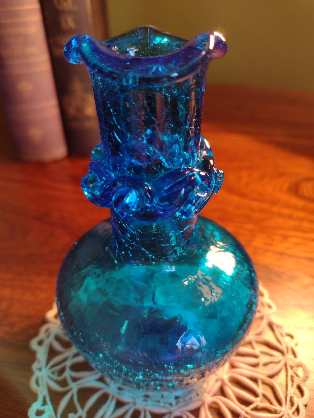 Vintage PILGRIM Blue CRACKLE GLASS Hand Blown Bud Vase With Applied ...