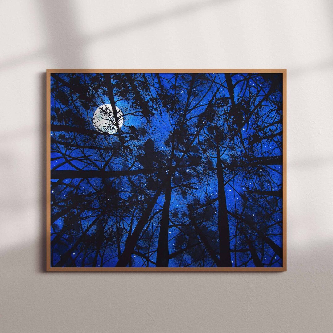 Midnight Blue Night Sky With Pine Trees and Full Moon Watercolor Print ...