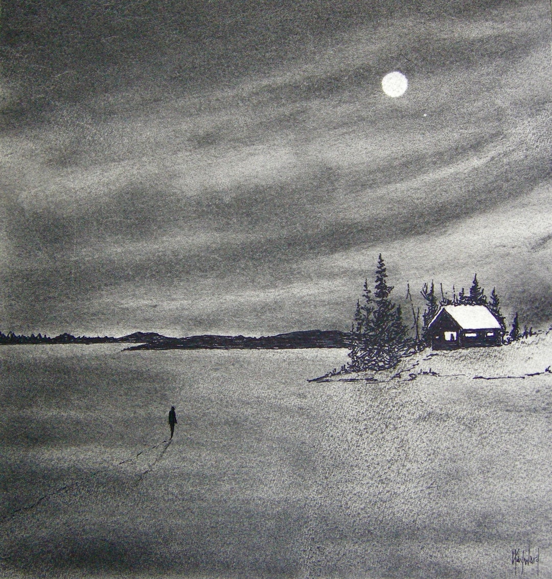 Please Wait for Me Charcoal Drawing Print: Cabin in the Country at ...
