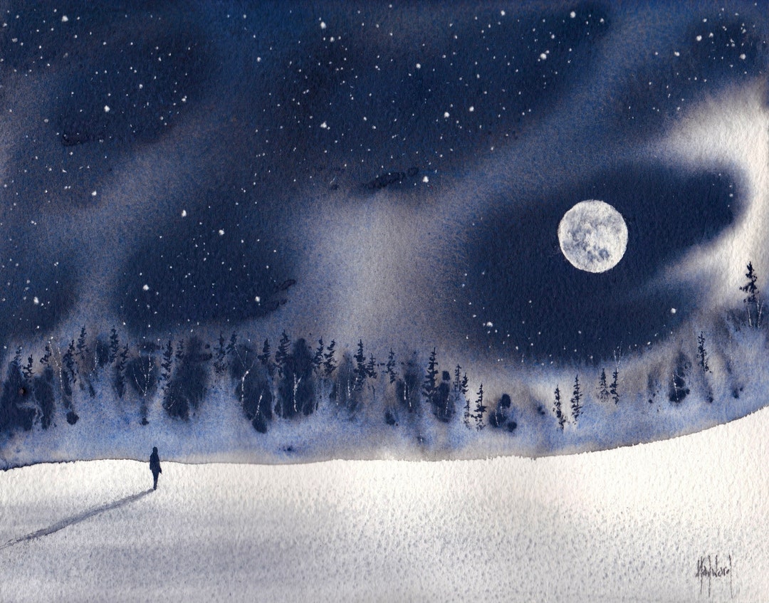 Full Moon Watercolor Print: Winter Solitude Art - Etsy