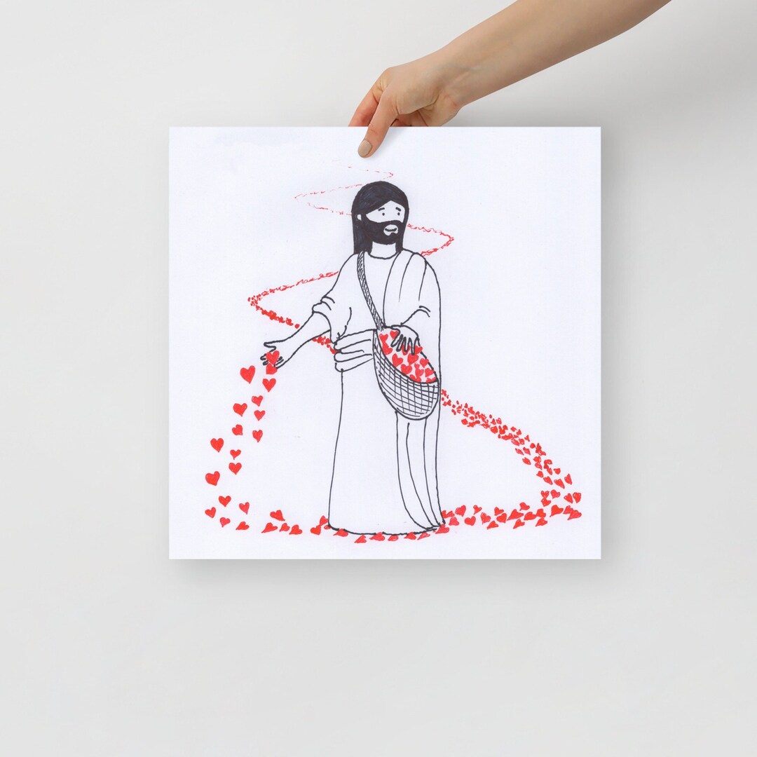 Black and White Jesus Cartoon Poster, Red Hearts, Sow Love so Love ...